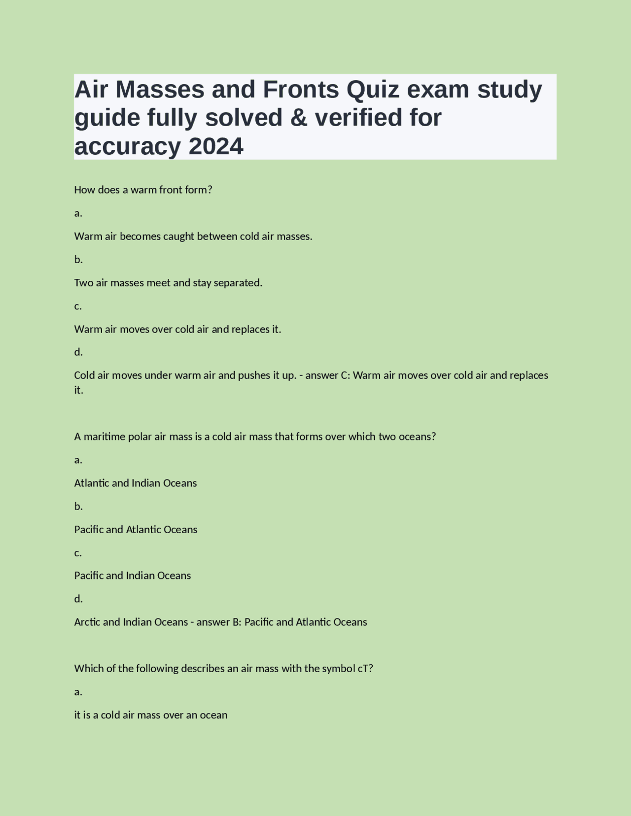Air Masses and Fronts Quiz exam study guide fully solved & verified for ...