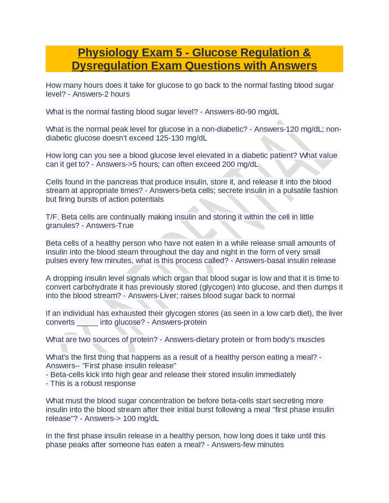 Physiology Exam 5 - Glucose Regulation & Dysregulation Exam Questions ...