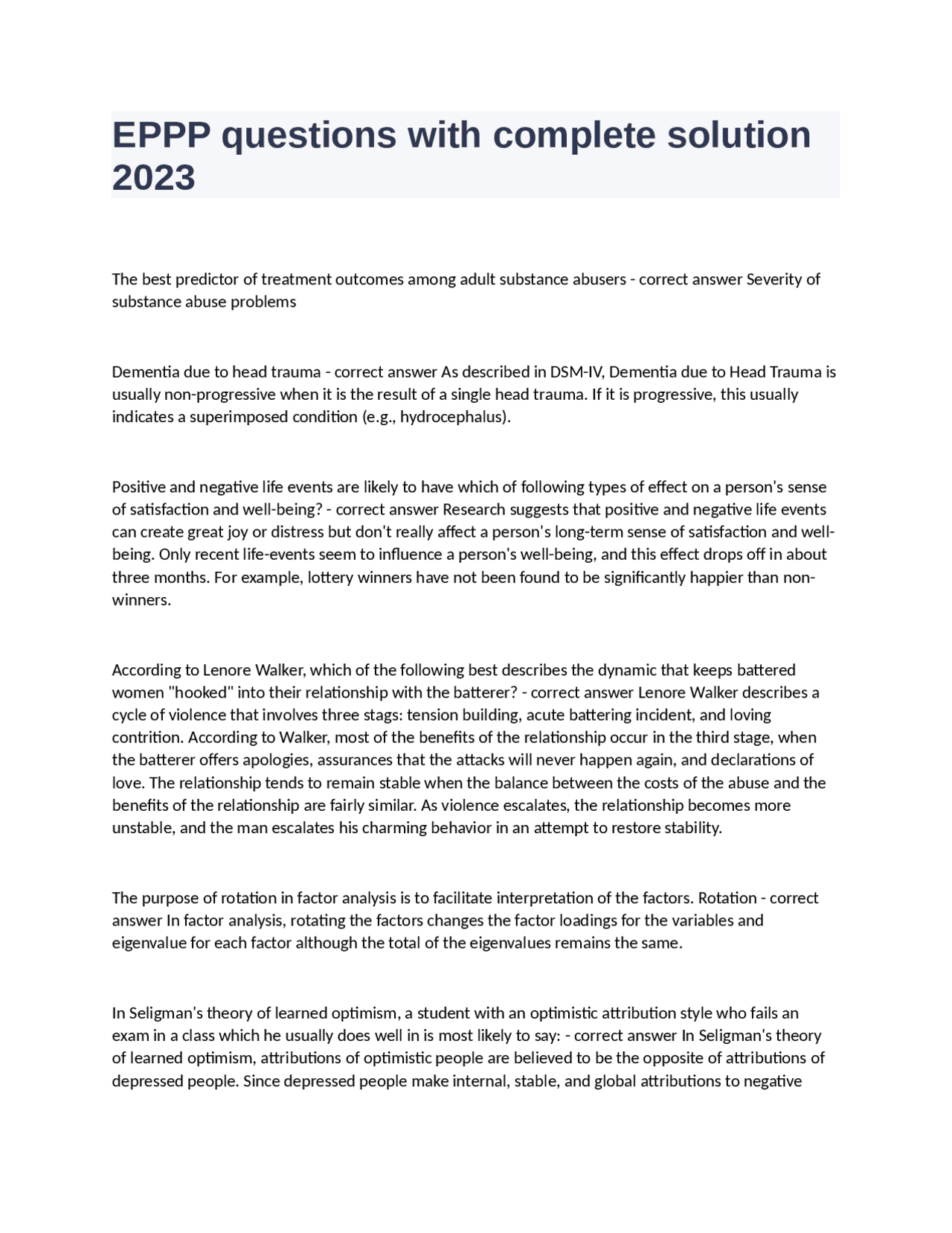 EPPP questions with complete solution 2023 | Exams Nursing | Docsity