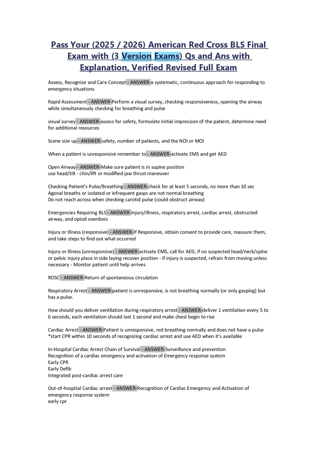 BLS Exam Prep: American Red Cross 2025/2026 Q&A Guide | Exams Nursing ...