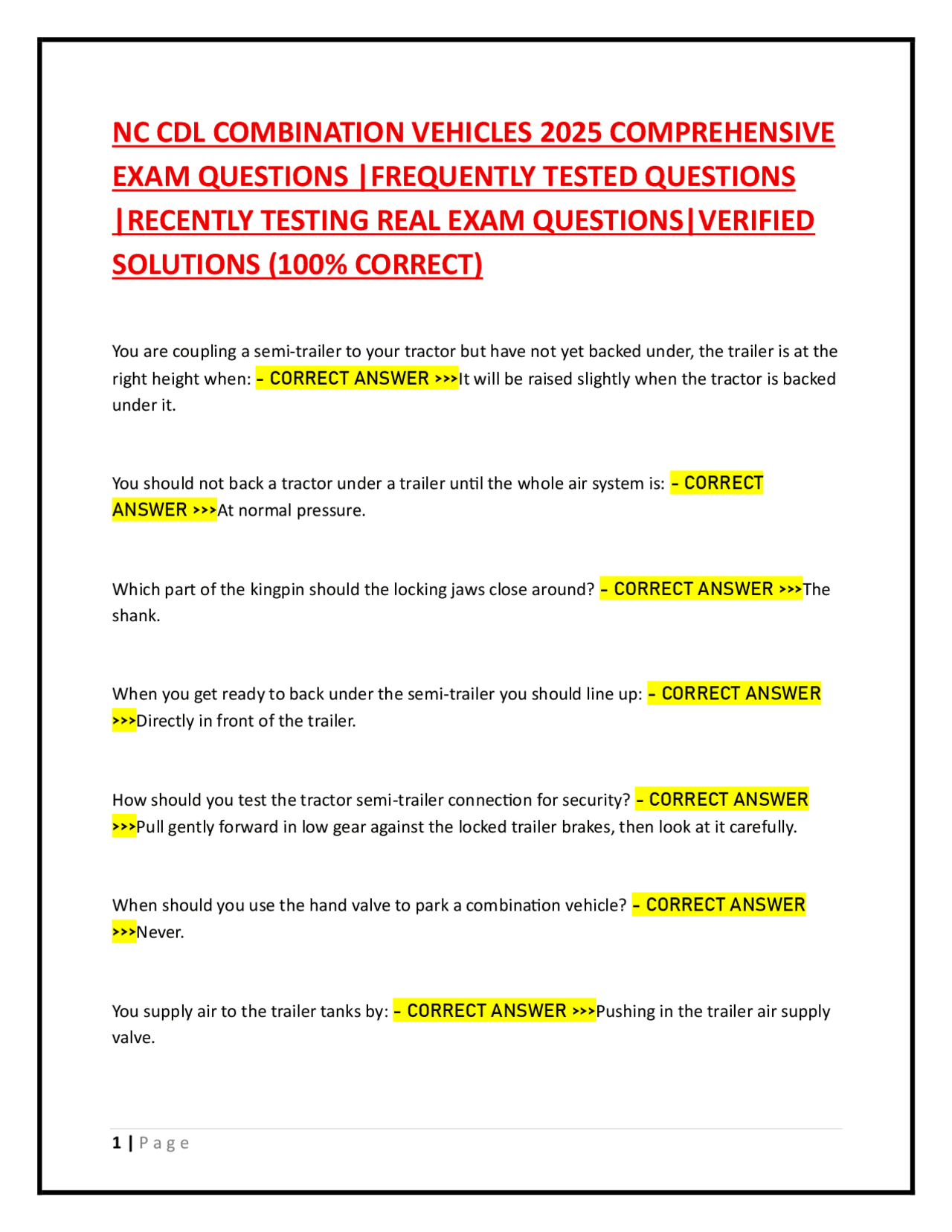 NC CDL COMBINATION VEHICLES 2025 COMPREHENSIVE EXAM QUESTIONS ...