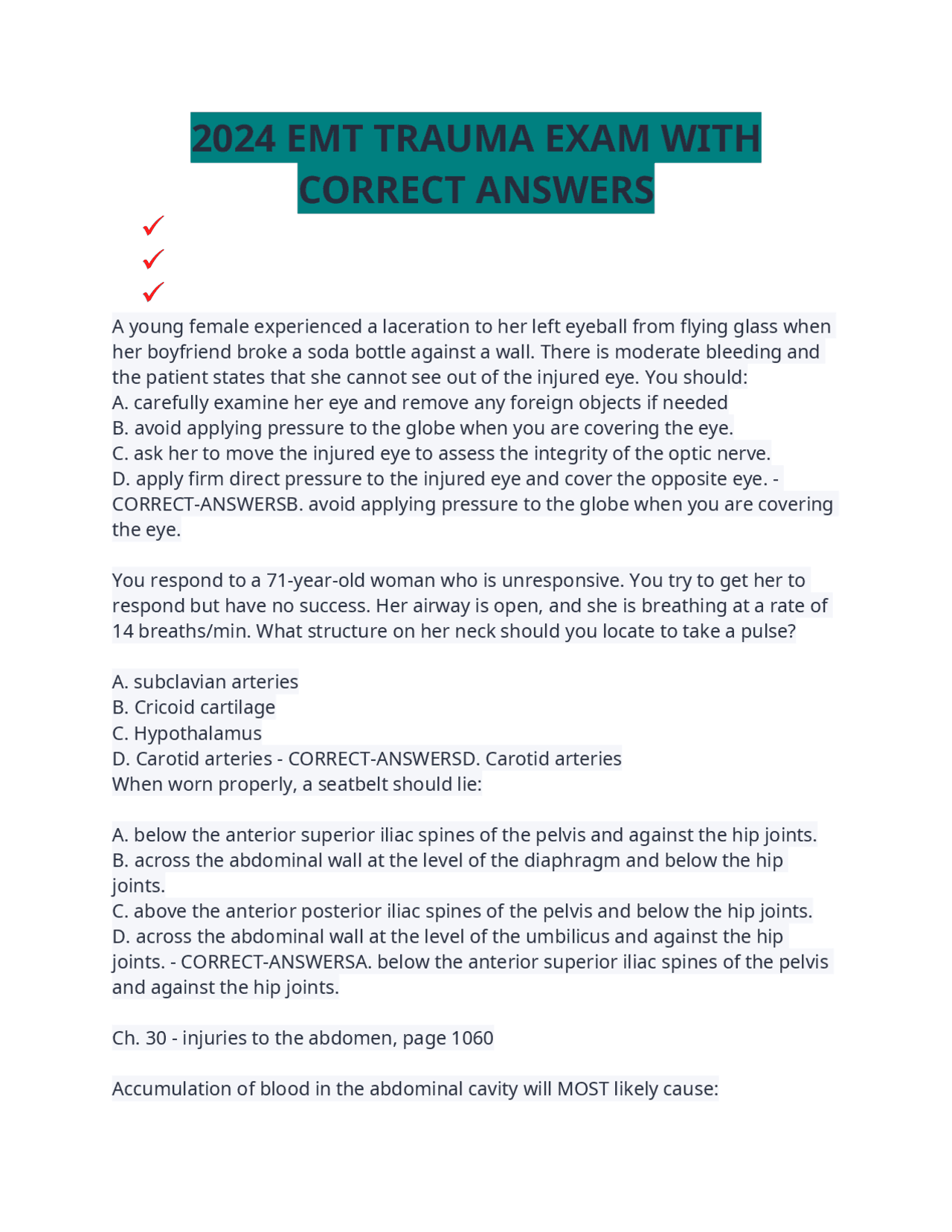 2024 EMT TRAUMA EXAM WITH CORRECT ANSWERS | Exams Nursing | Docsity