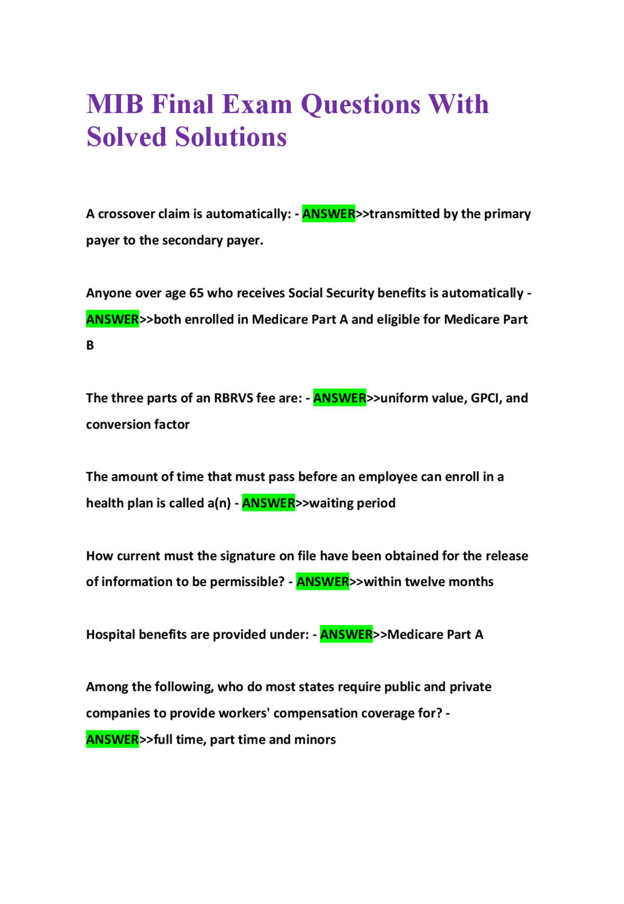 MIB Final Exam Questions With Solved Solutions | Exams Nursing | Docsity