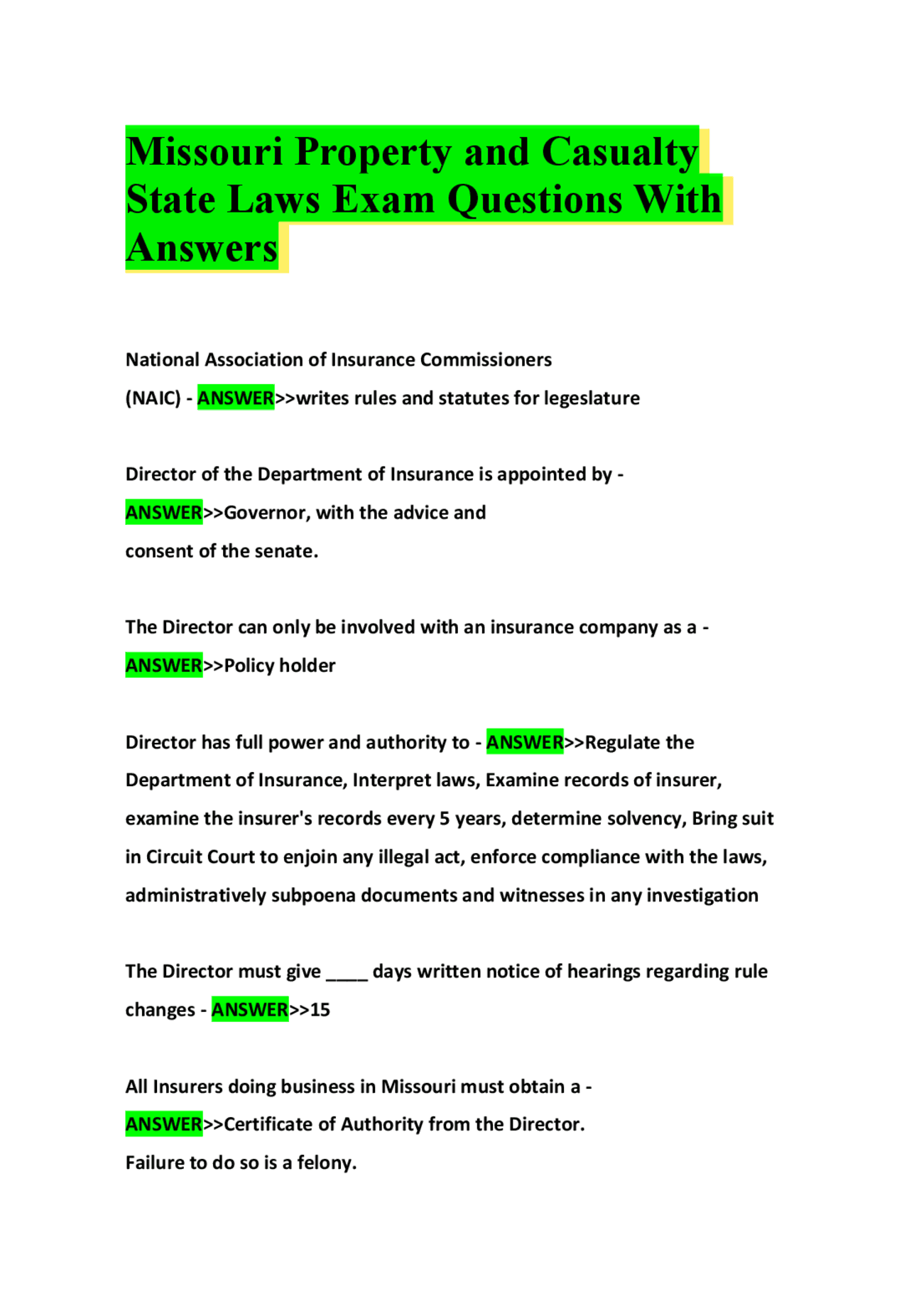 Missouri Property and Casualty State Laws Exam Questions With Answers ...
