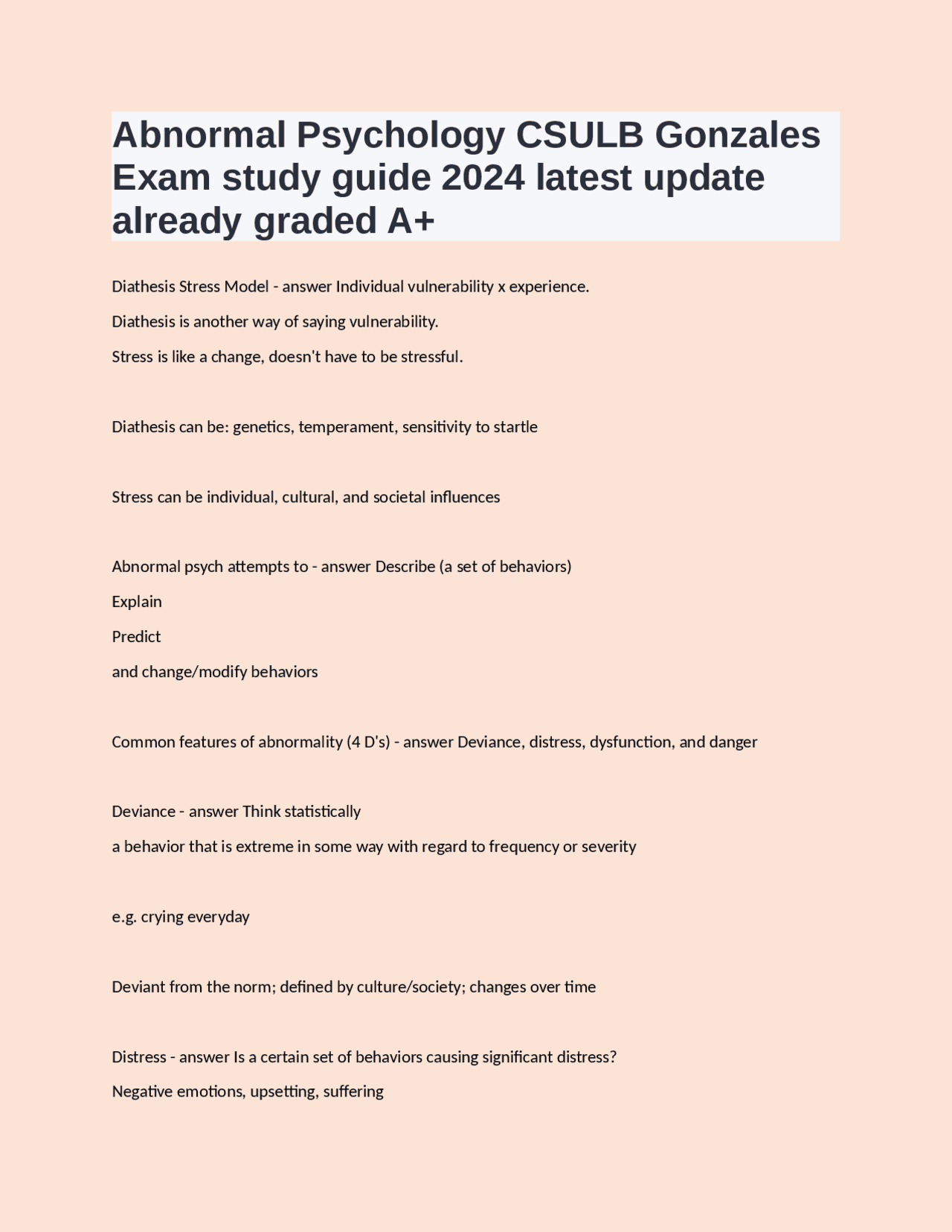 Abnormal Psychology CSULB Gonzales Exam study guide 2024 latest update ...