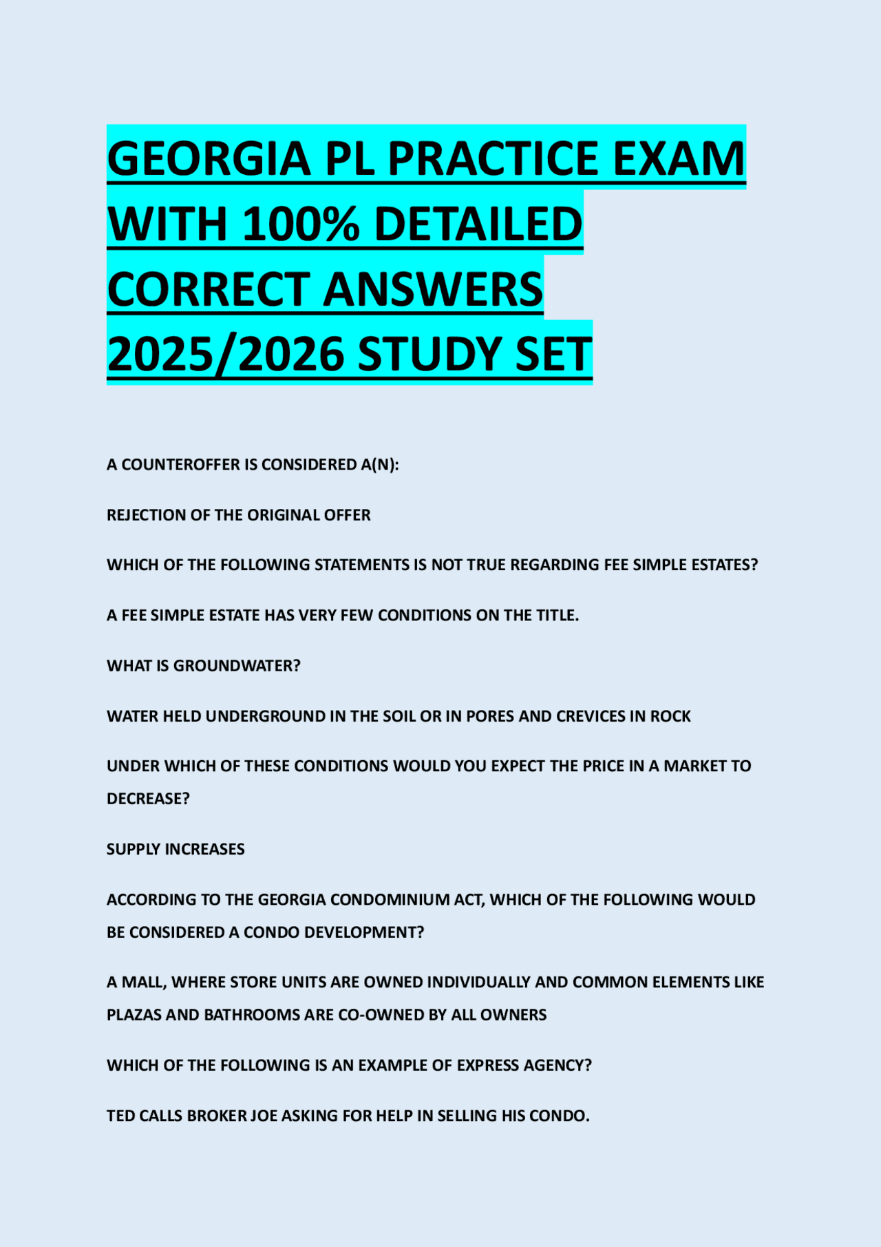 GEORGIA PL PRACTICE EXAM WITH 100% DETAILED CORRECT ANSWERS 2025/2026 ...