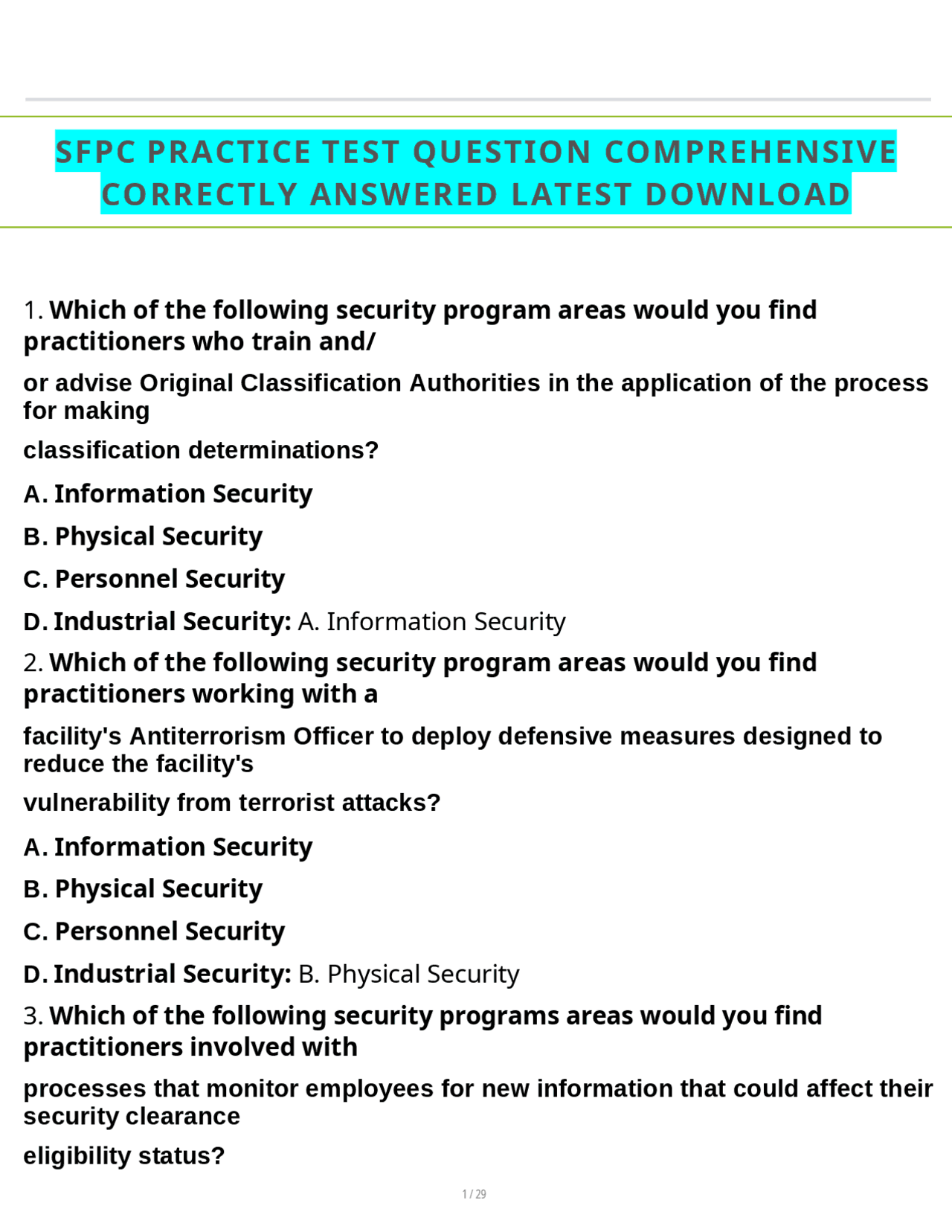Security Program Areas Practice Test: Information, Physical, and ...
