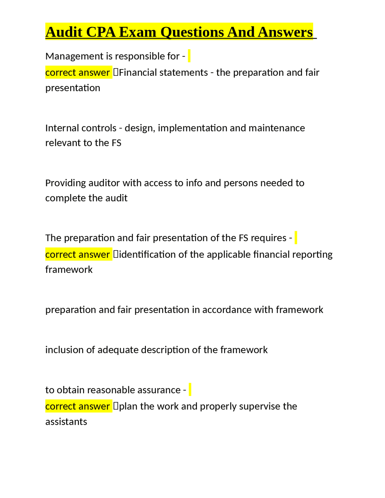 Audit CPA Exam Questions And Answers | Exams Entrepreneurship | Docsity