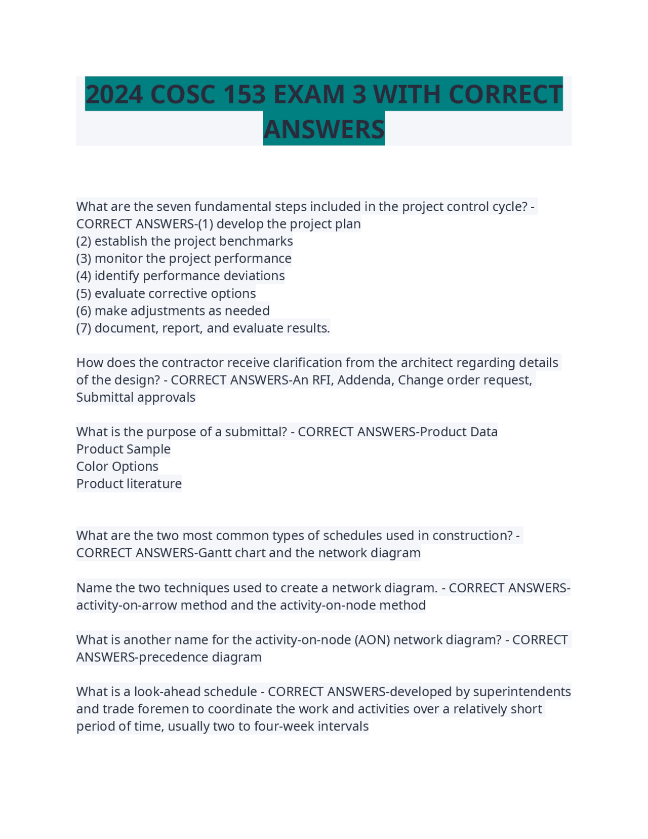 2024 COSC 153 EXAM 3 WITH CORRECT ANSWERS | Exams Contract Law | Docsity