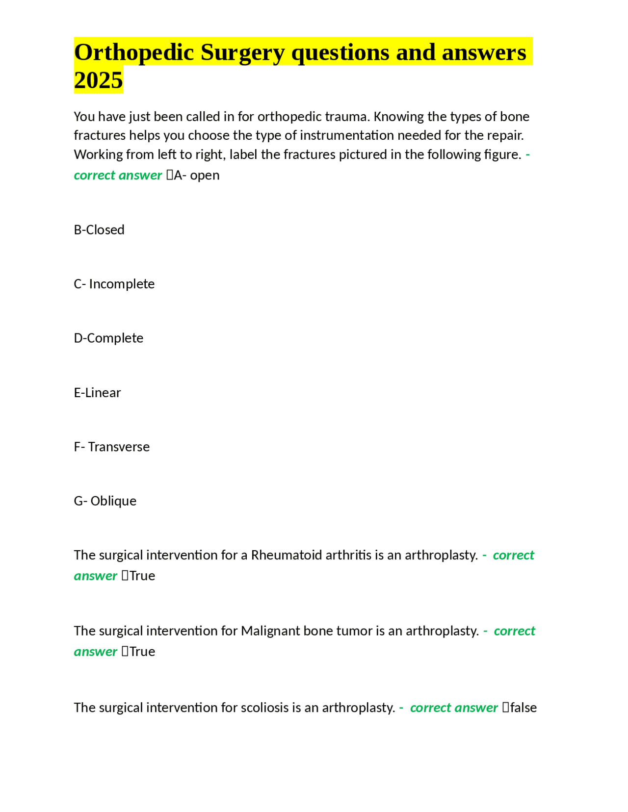 Orthopedic Surgery questions and answers 2025 | Exams Orthopedics | Docsity
