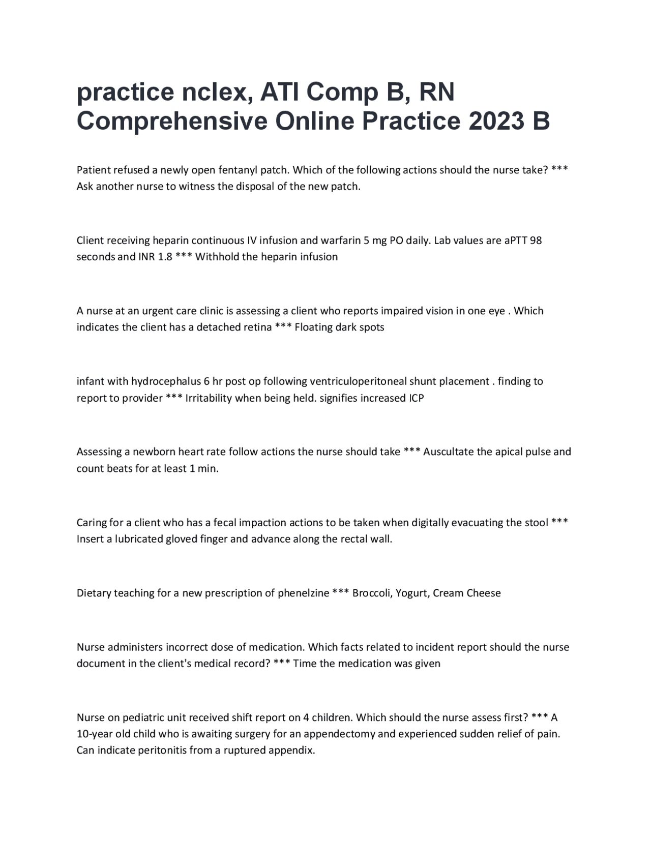 Practice nclex, ATI Comp B, RN Comprehensive Online Practice 2023 B | Exams Nursing | Docsity