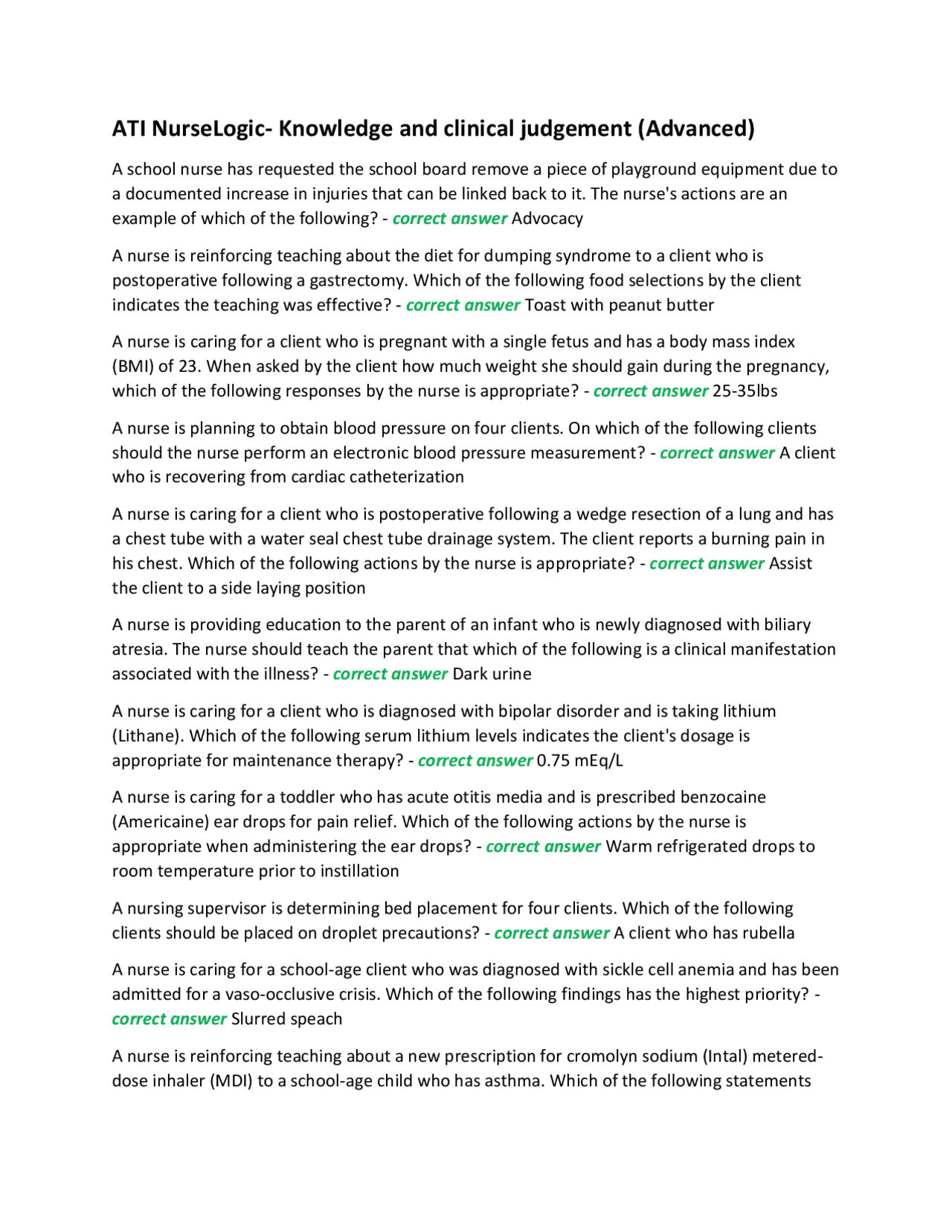 ATI NurseLogic- Knowledge and clinical judgement (Advanced) | Exams ...