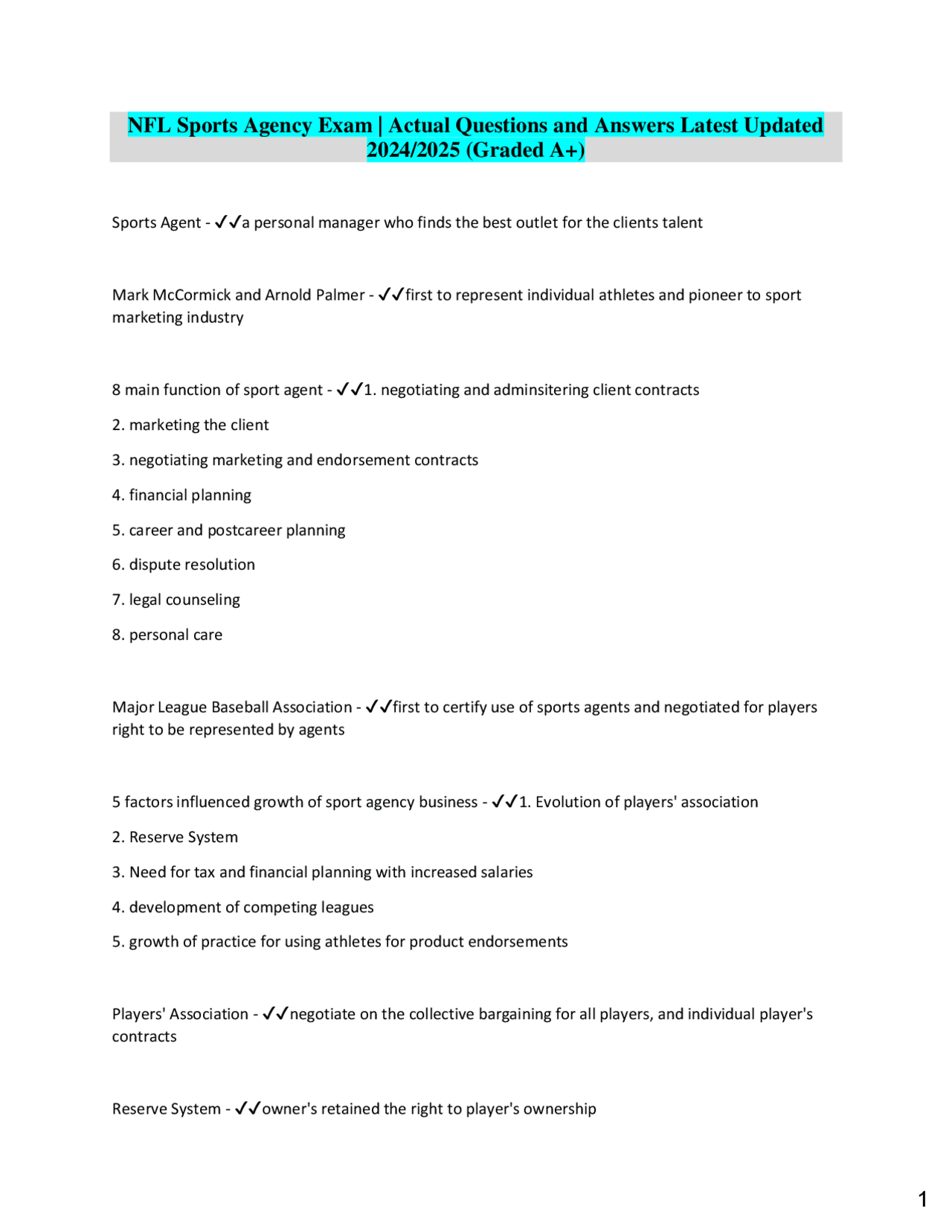 NFL Sports Agency Exam | Actual Questions and Answers Latest Updated ...