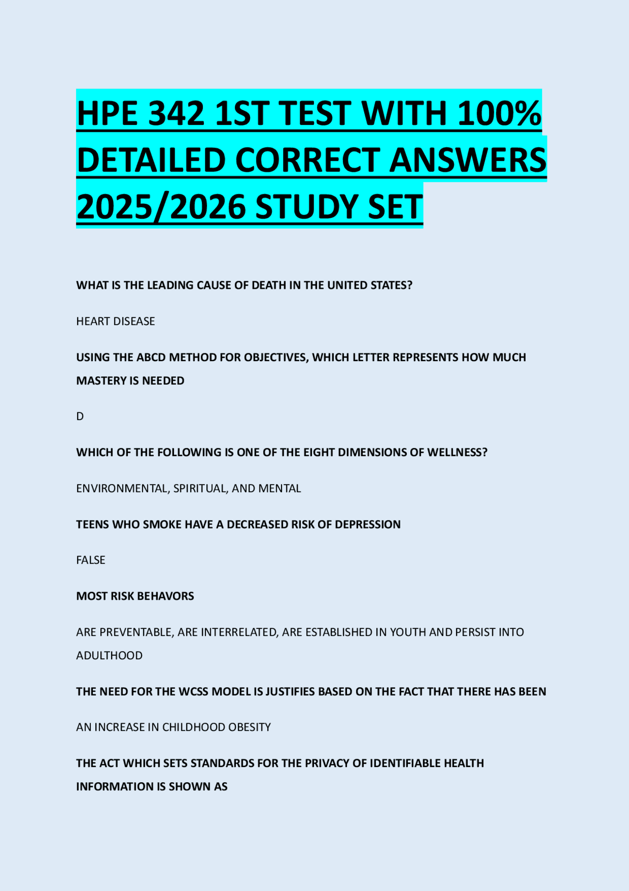 HPE 342 1ST TEST WITH 100% DETAILED CORRECT ANSWERS 2025/2026 STUDY SET ...