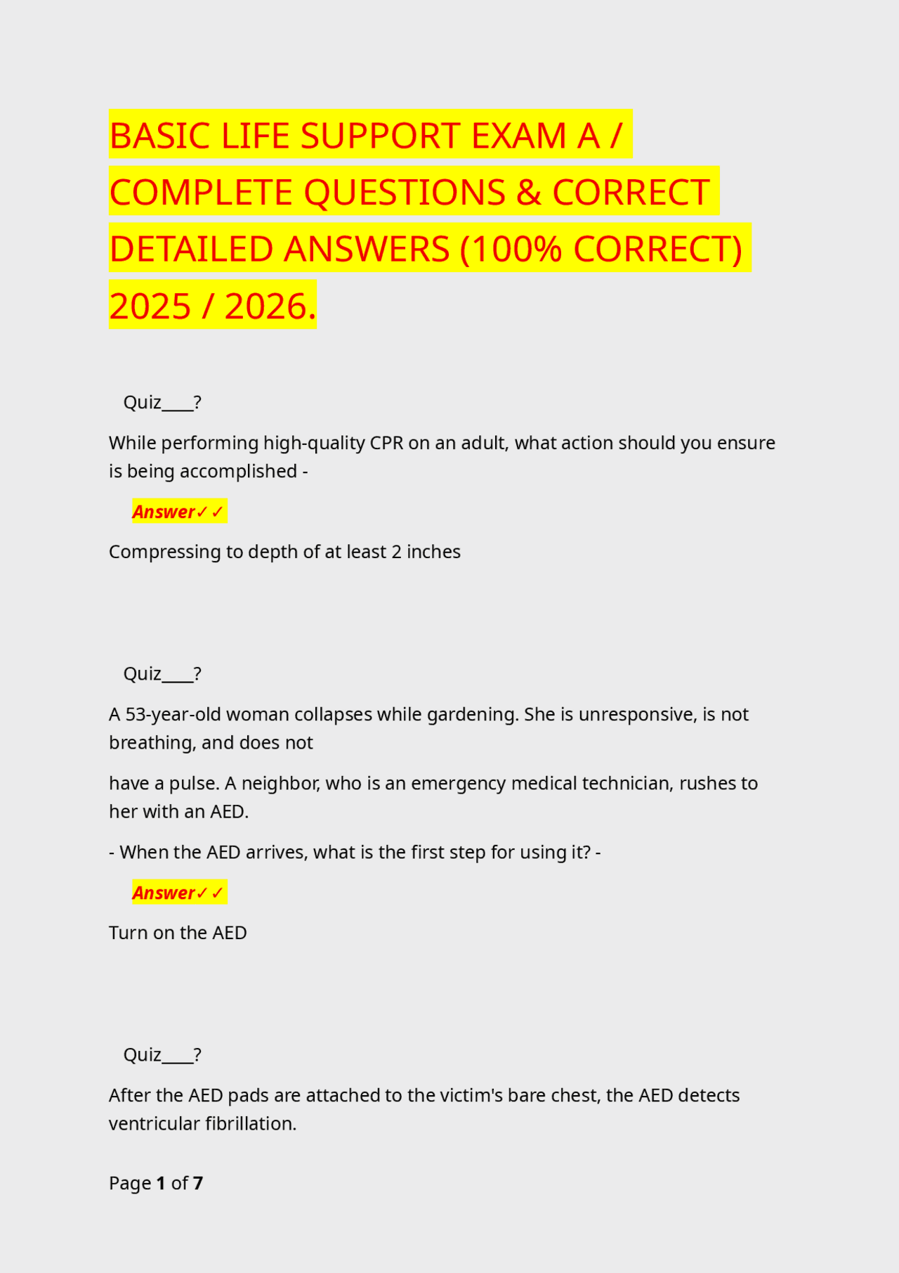 BASIC LIFE SUPPORT EXAM A / COMPLETE QUESTIONS & CORRECT DETAILED ...