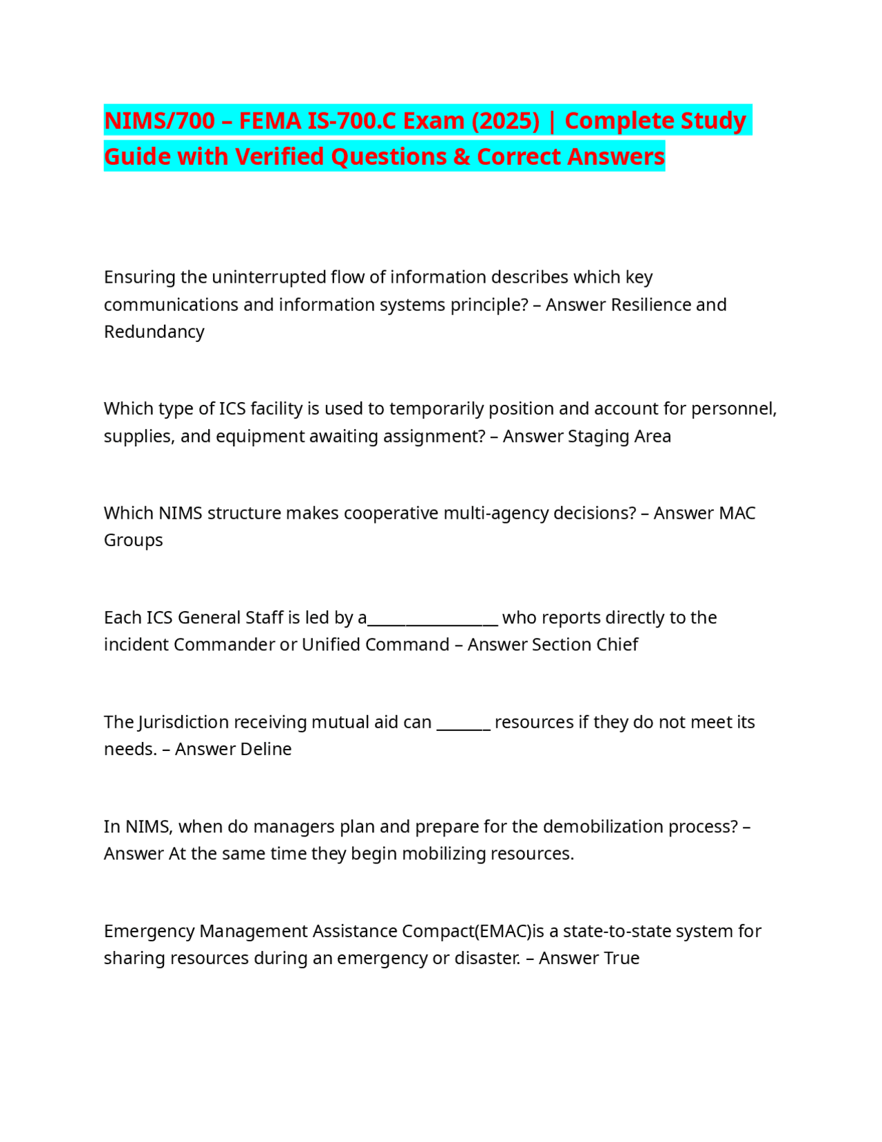 NIMS/700 – FEMA IS-700.C Exam (2025) | Complete Study Guide with ...