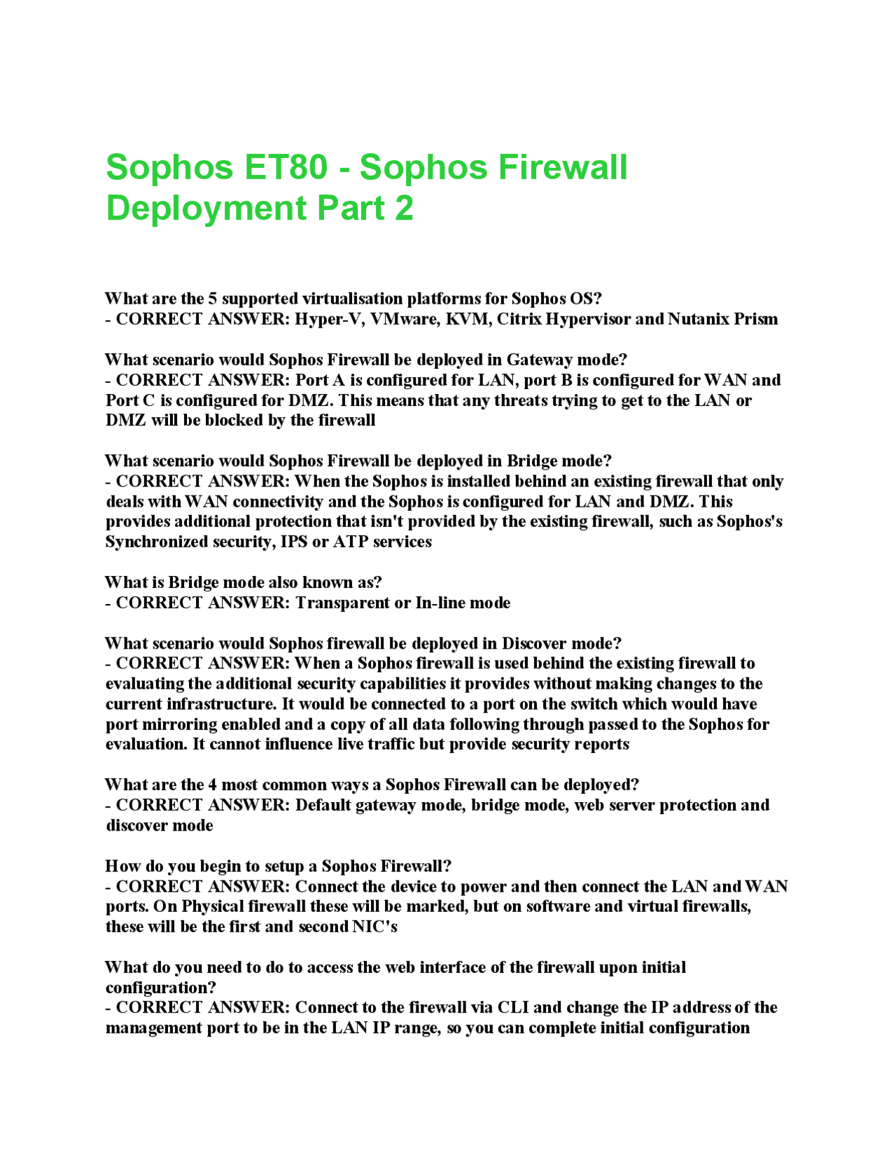 Sophos ET80 - Sophos Firewall Deployment Part 2 Questions And Correct ...