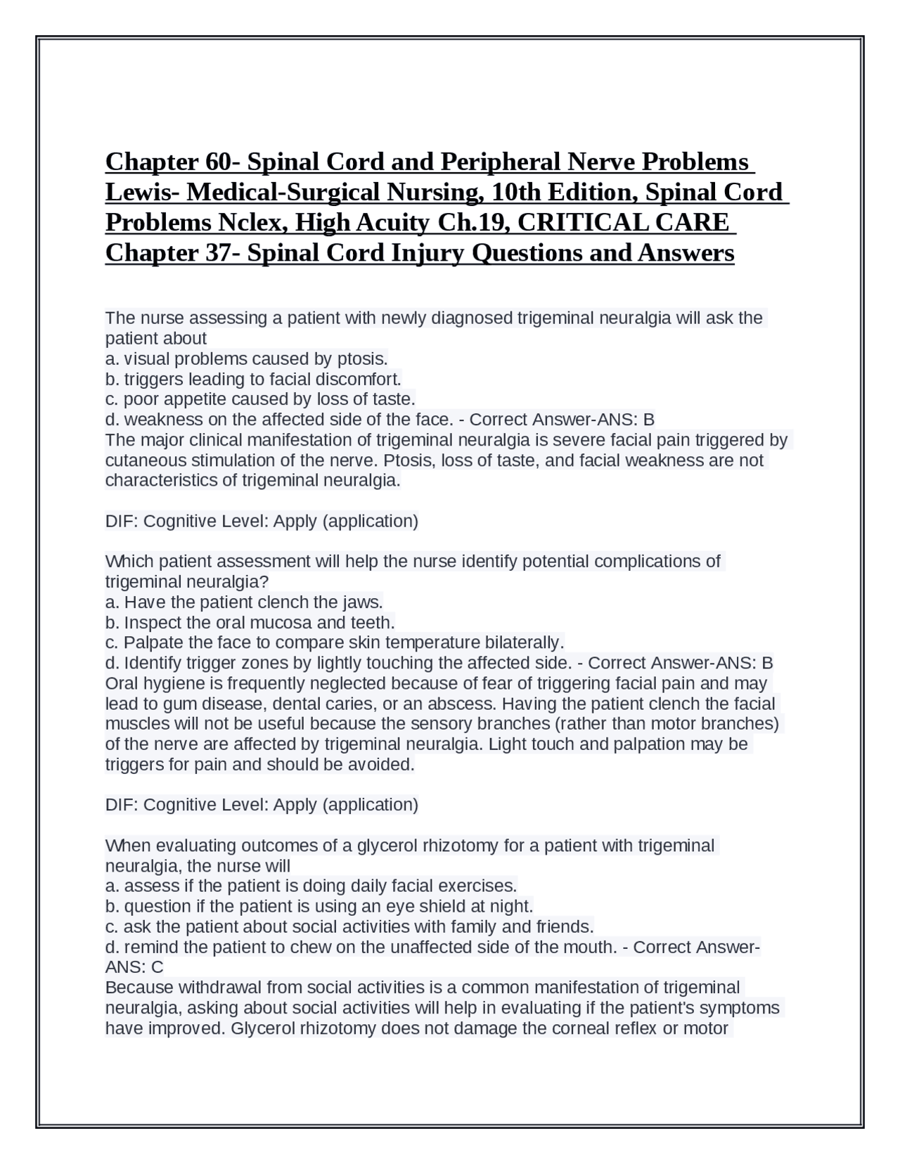 Chapter 60- Spinal Cord and Peripheral Nerve Problems Lewis- Medical ...