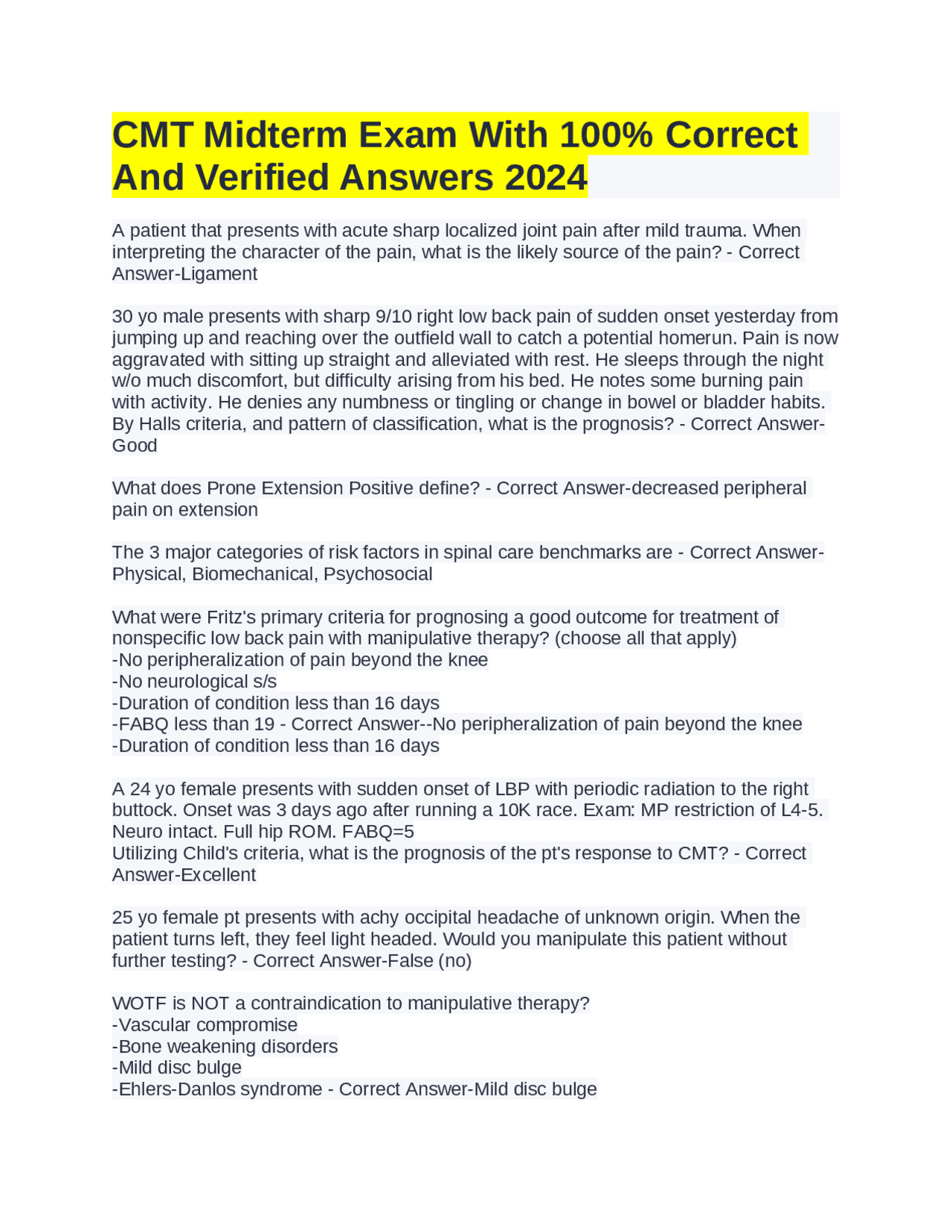 CMT Midterm Exam With 100% Correct And Verified Answers 2024 | Exams ...