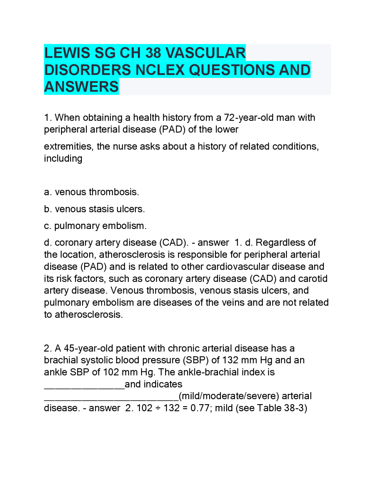 LEWIS SG CH 38 VASCULAR DISORDERS NCLEX QUESTIONS AND ANSWERS.pdf ...