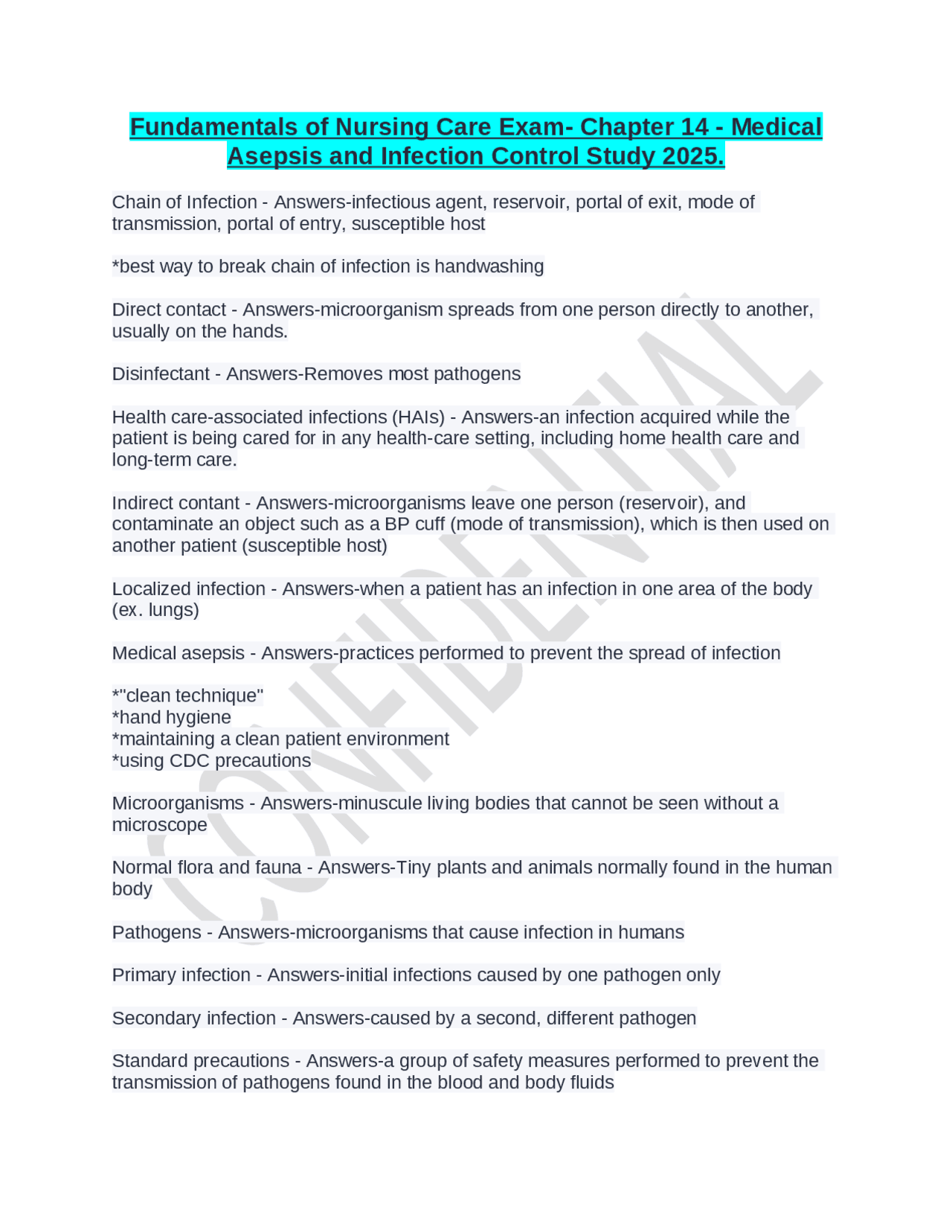 Fundamentals of Nursing Care Exam- Chapter 14 - Medical Asepsis and ...