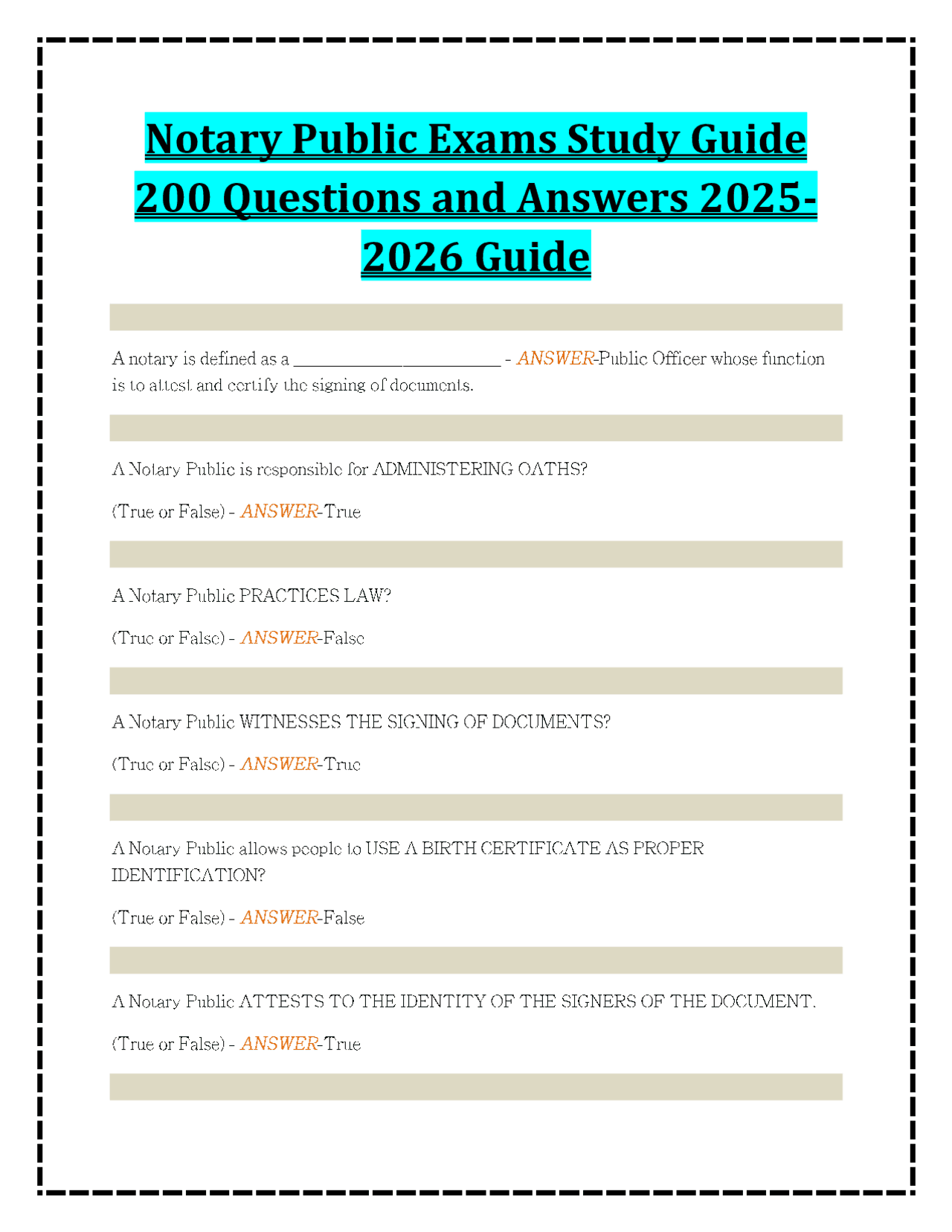 Notary Public Exams Study Guide 200 Questions and Answers 2025- 2026 ...