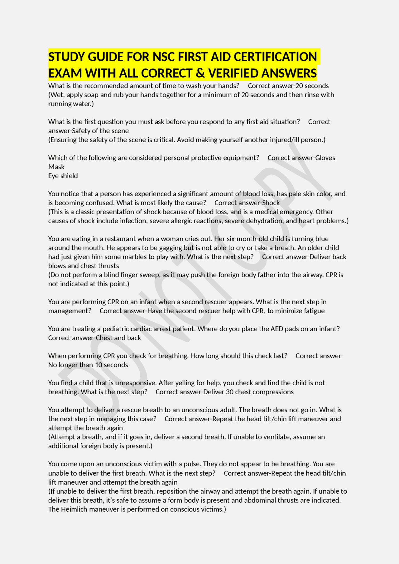 STUDY GUIDE FOR NSC FIRST AID CERTIFICATION EXAM WITH ALL CORRECT & VERIFIED ANSWERS | Exams ...