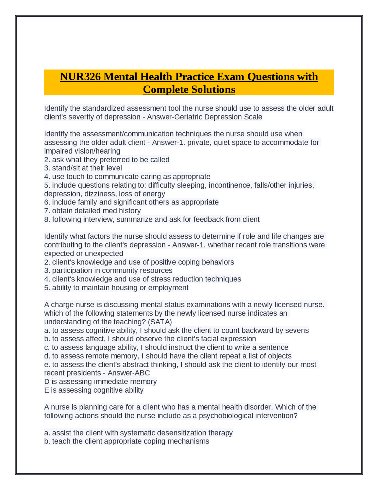 NUR326 Mental Health Practice Exam Questions with Complete Solutions ...