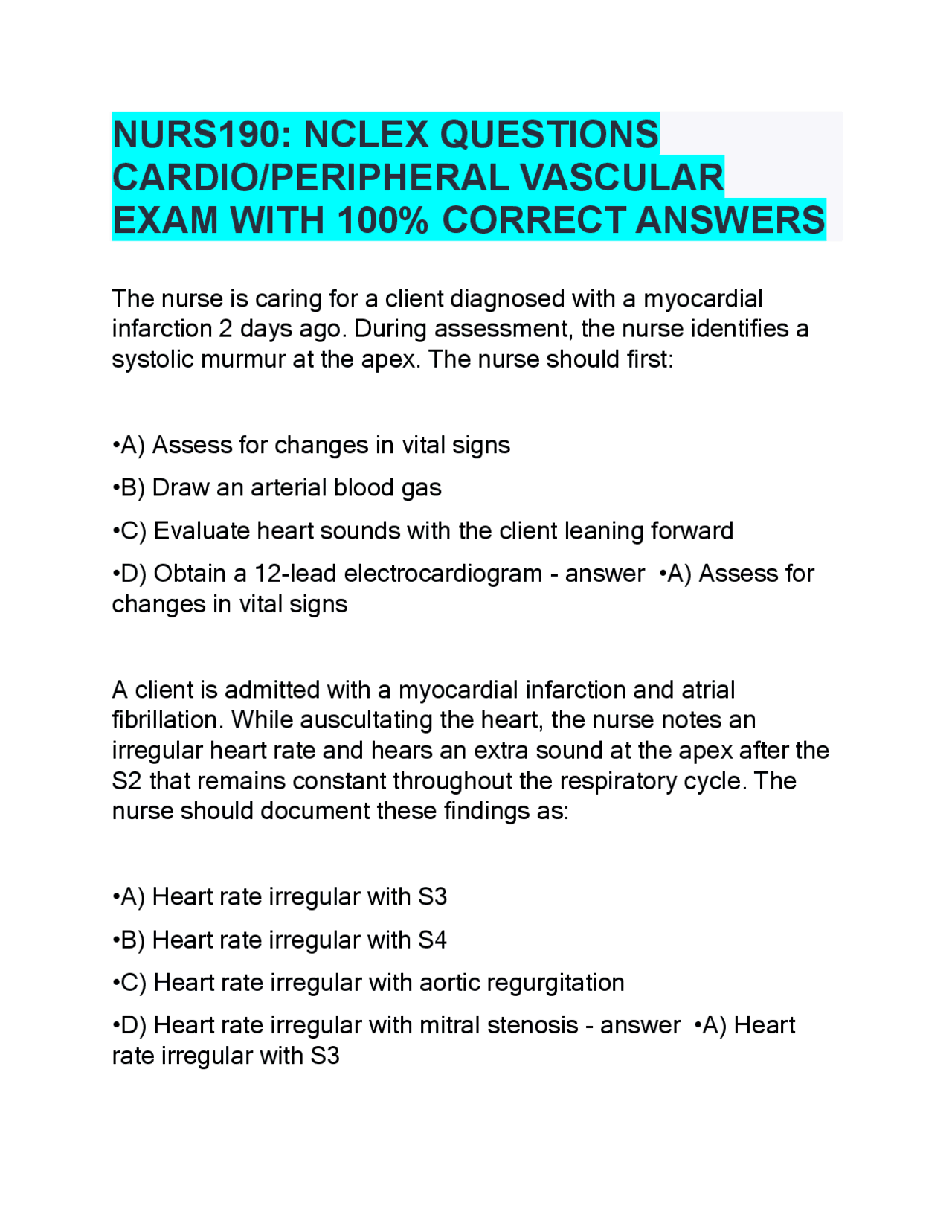 NURS190 NCLEX QUESTIONS CARDIO PERIPHERAL VASCULAR EXAM WITH 100% ...