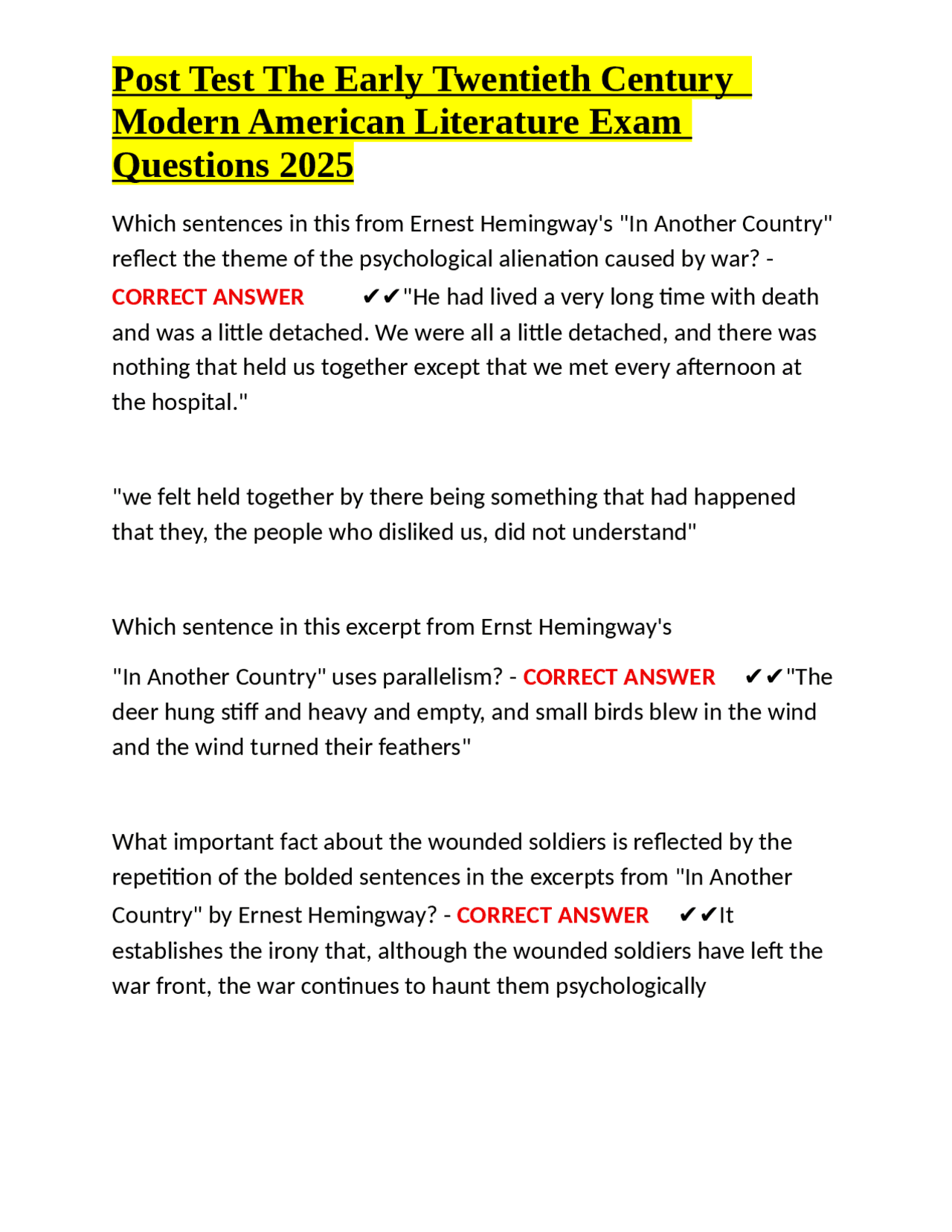 Post Test The Early Twentieth Century Modern American Literature Exam ...