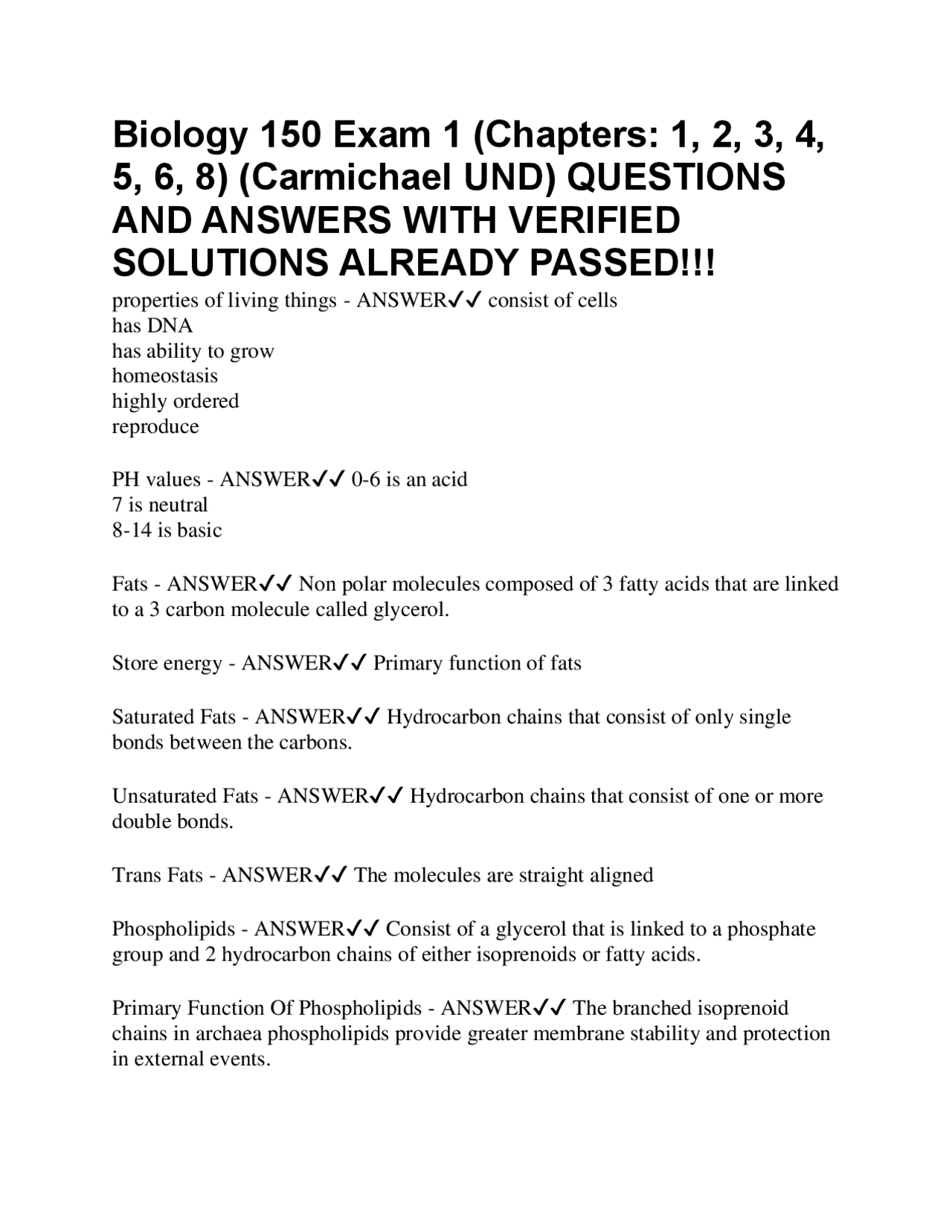Biology 150 Exam 1 (Chapters: 1, 2, 3, 4, 5, 6, 8) (Carmichael UND ...