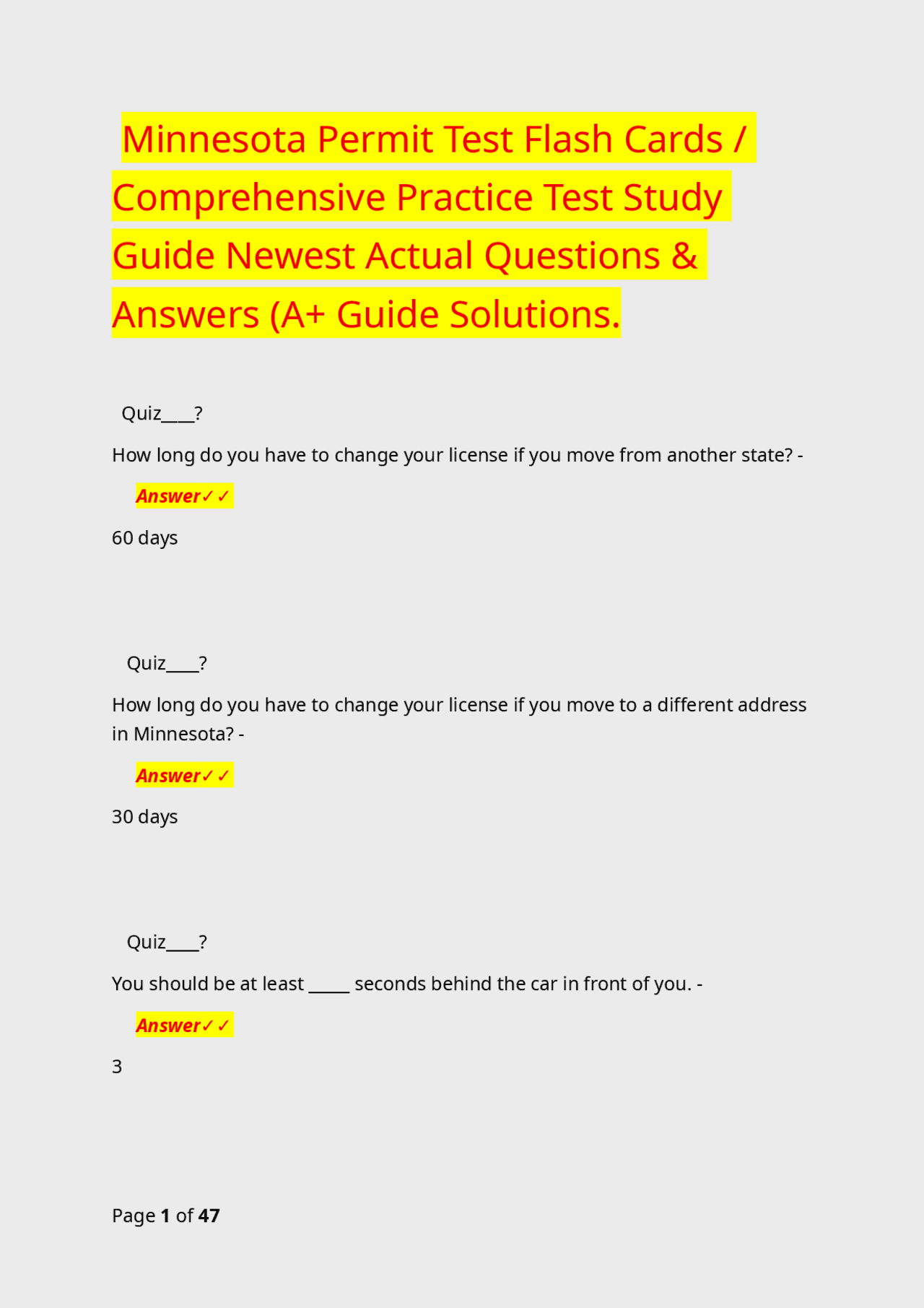 Minnesota Permit Test Flash Cards / Comprehensive Practice Test Study ...