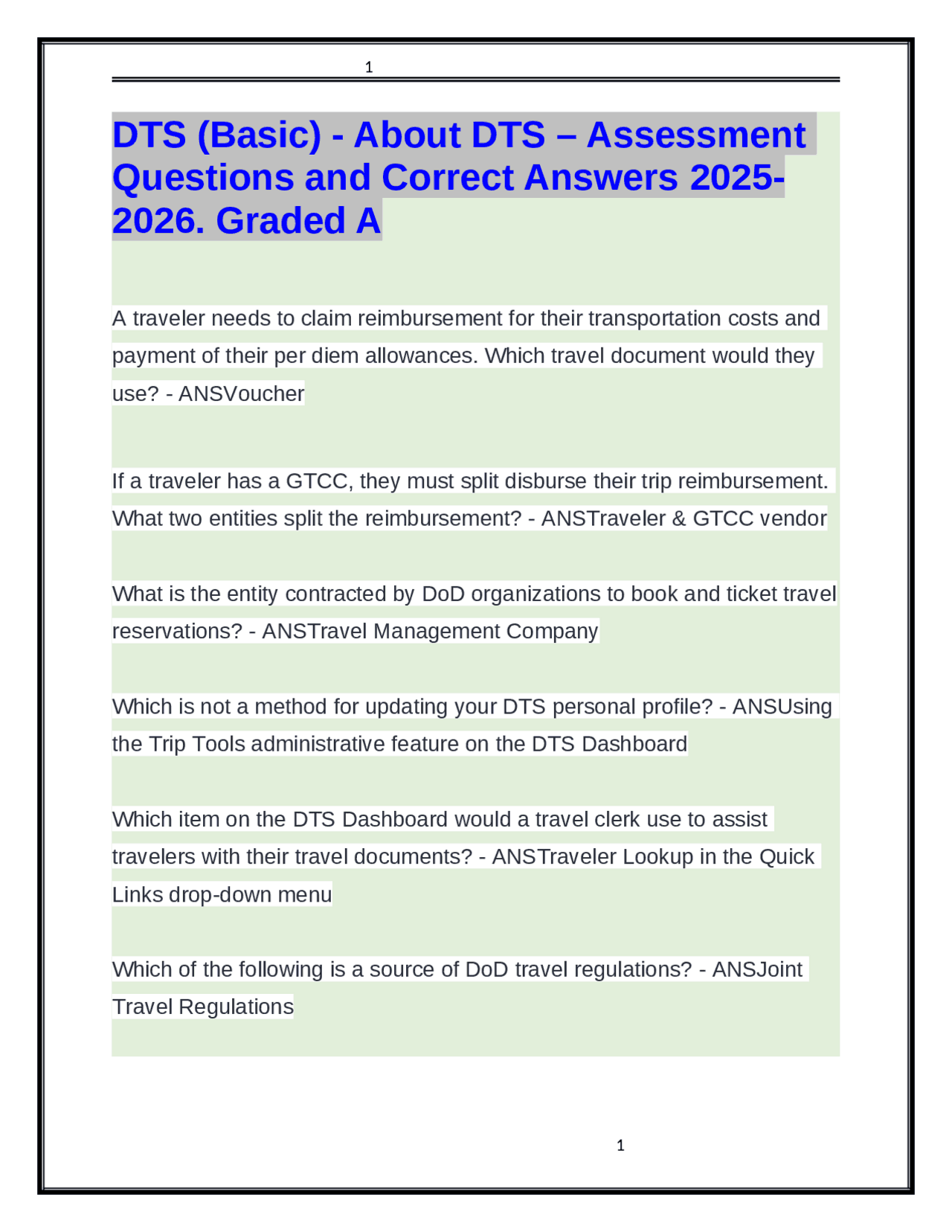 DTS (Basic) - About DTS – Assessment Questions and Correct Answers 2025-2026. Graded A | Exams ...