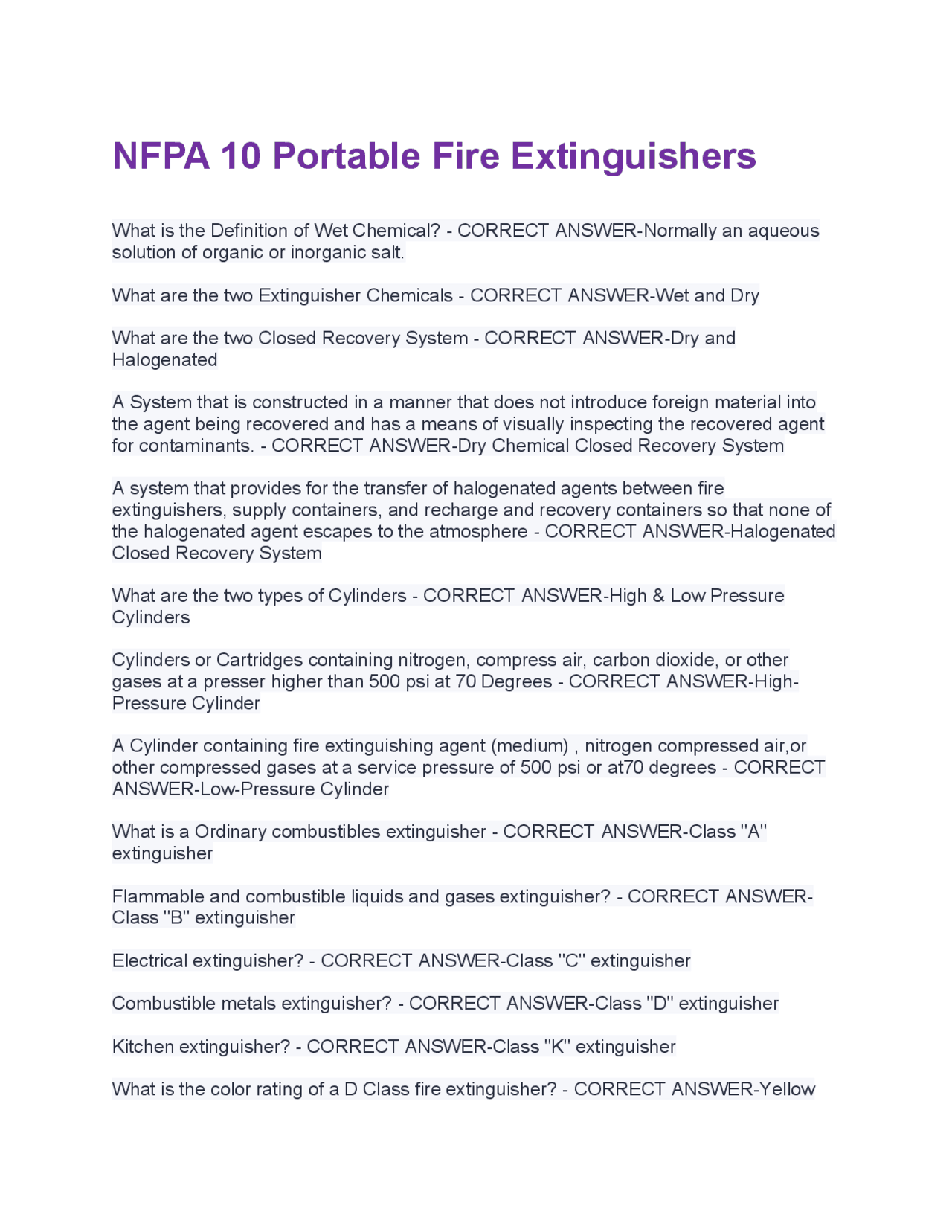 NFPA 10 Portable Fire Extinguishers All Possible Questions and Answers with complete solut ...