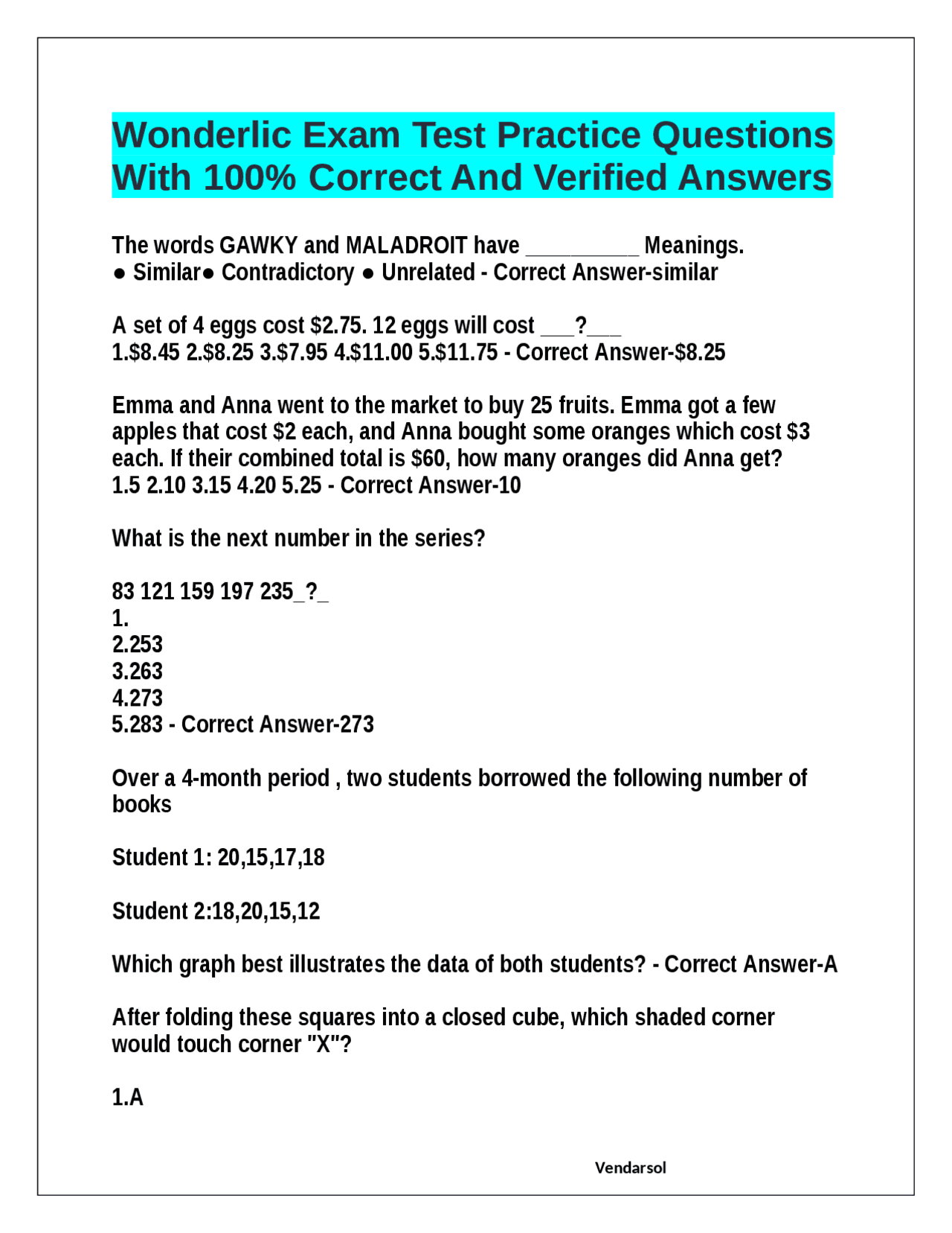 Wonderlic Exam Test Practice Questions With 100% Correct And Verified ...