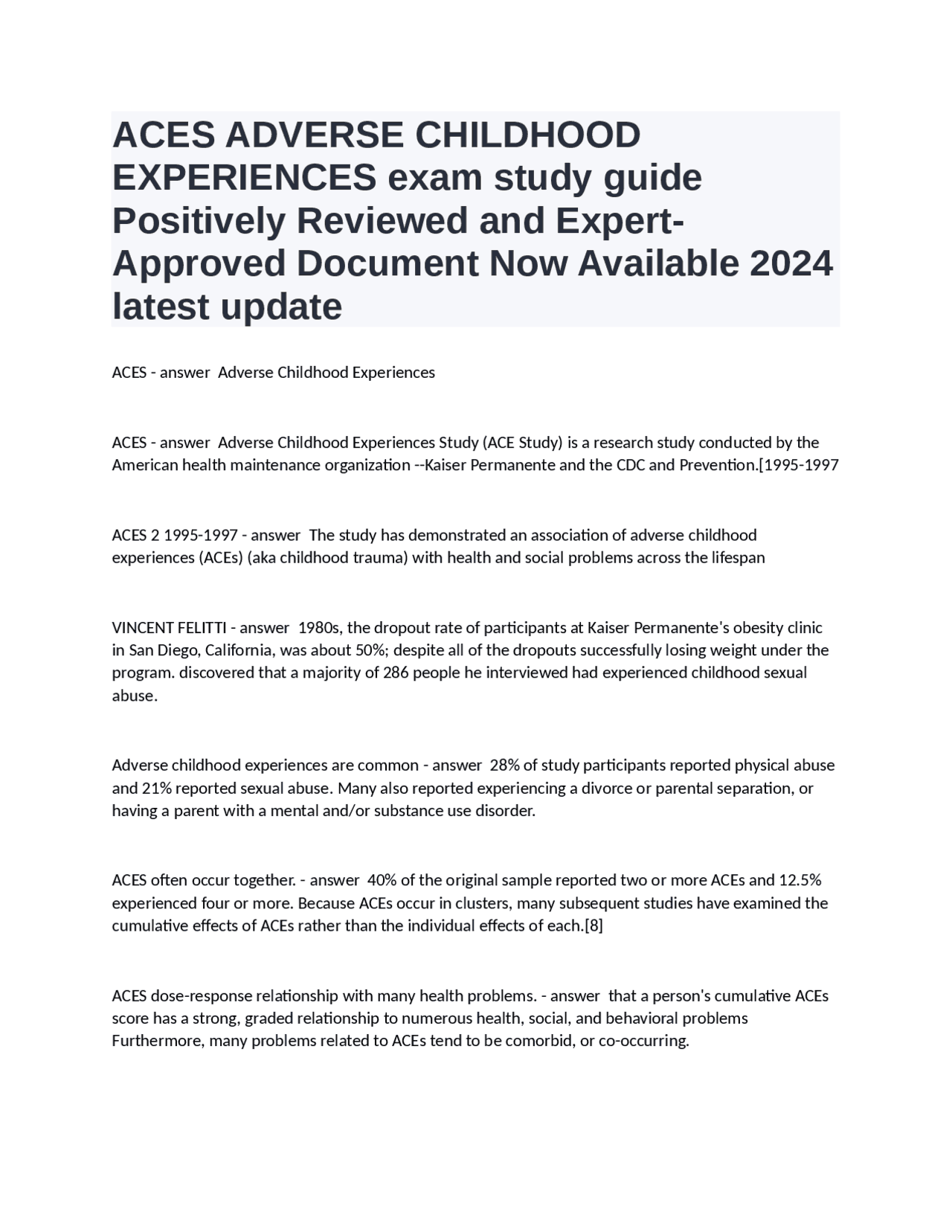 ACES ADVERSE CHILDHOOD EXPERIENCES exam study guide Positively Reviewed ...