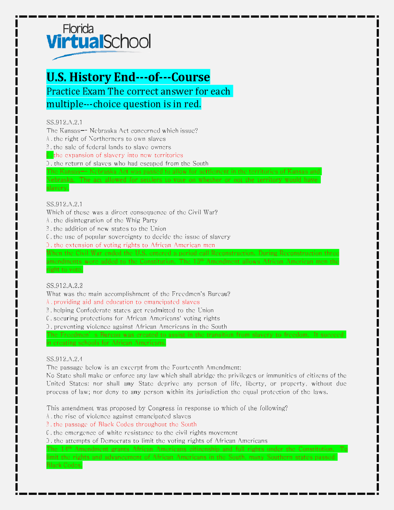 U.S. History End-­­of-­­Course Practice Exam The correct answer for ...