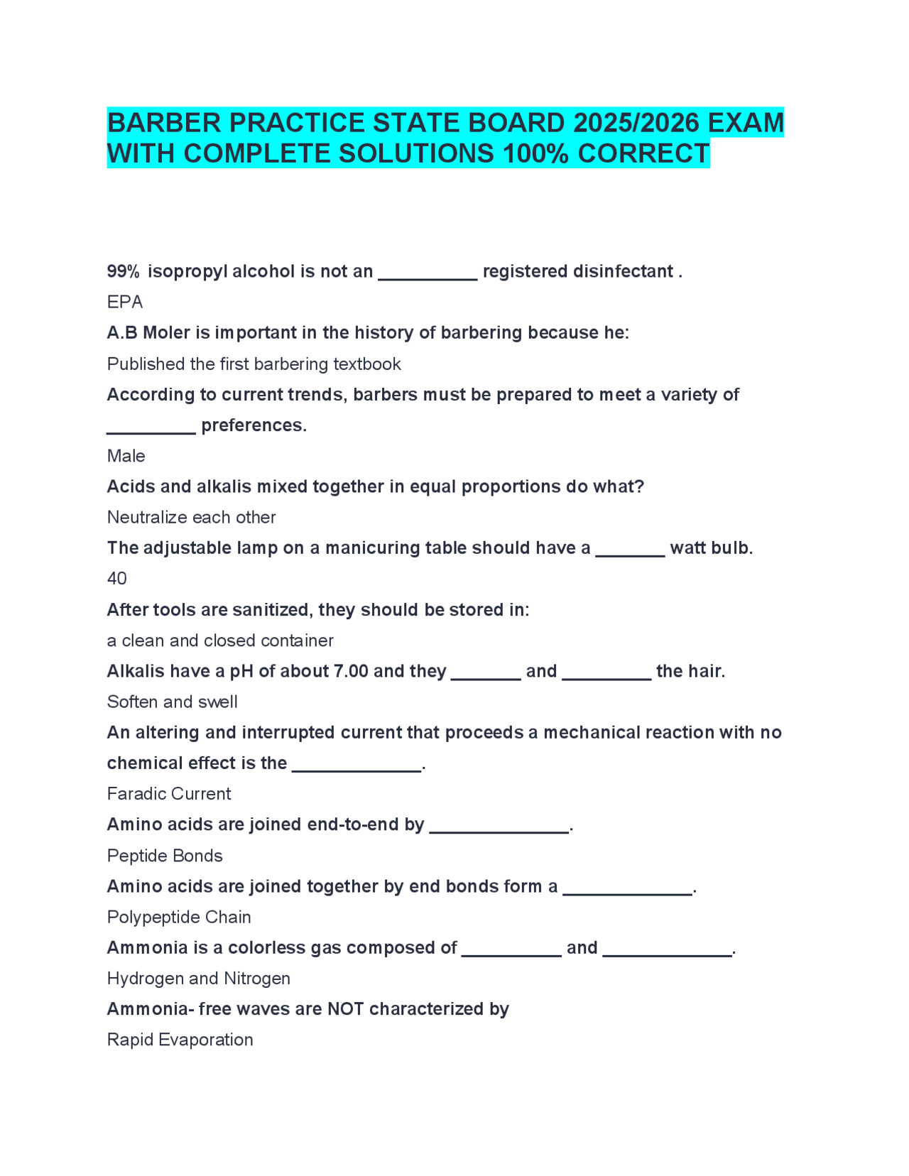 BARBER PRACTICE STATE BOARD 2025/2026 EXAM WITH COMPLETE SOLUTIONS 100% ...