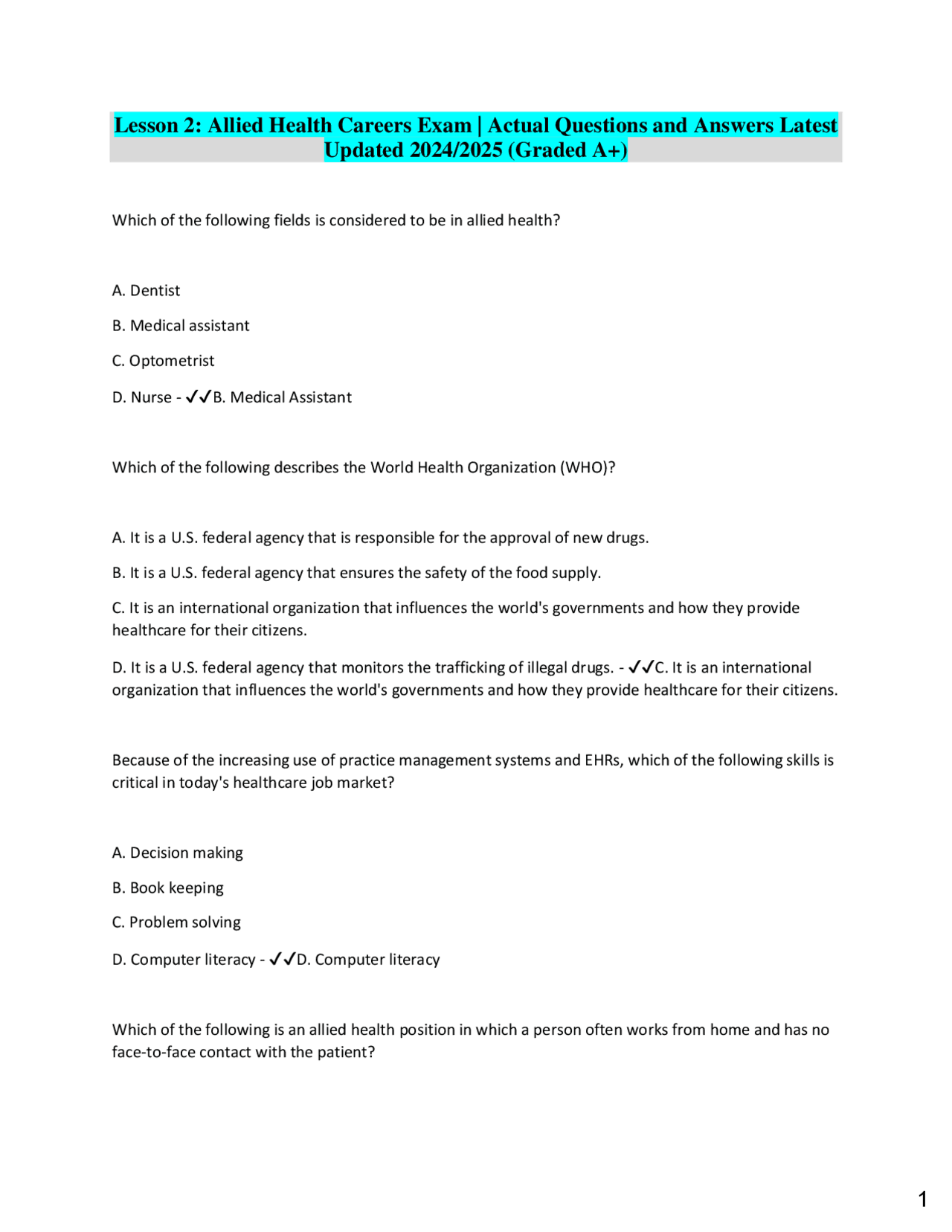 Lesson 2: Allied Health Careers Exam | Actual Questions and Answers ...
