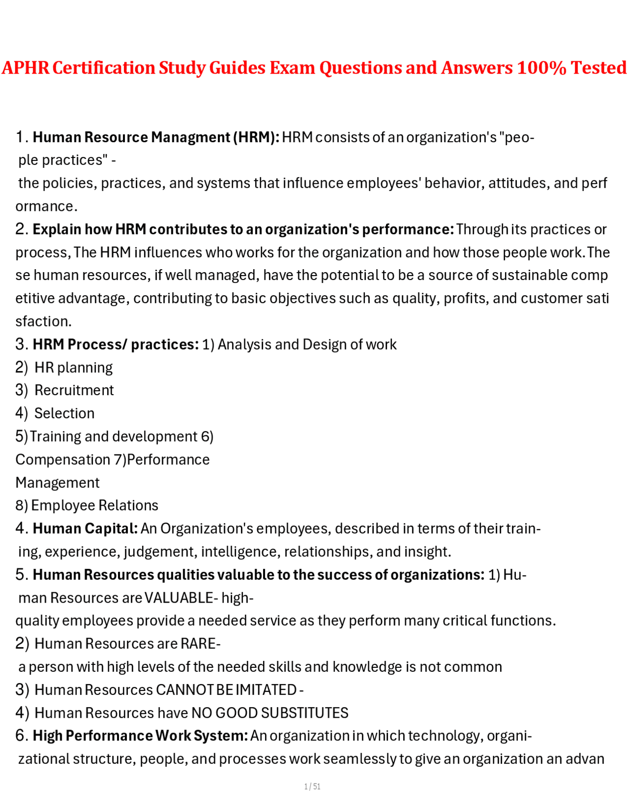 APHR Certification Study Guides Exam Questions and Answers 100% Tested ...