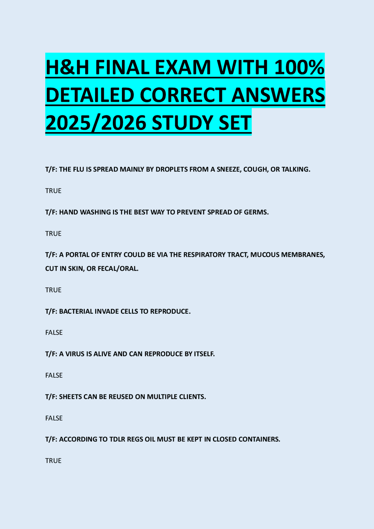 H&H FINAL EXAM WITH 100% DETAILED CORRECT ANSWERS 2025/2026 STUDY SET ...