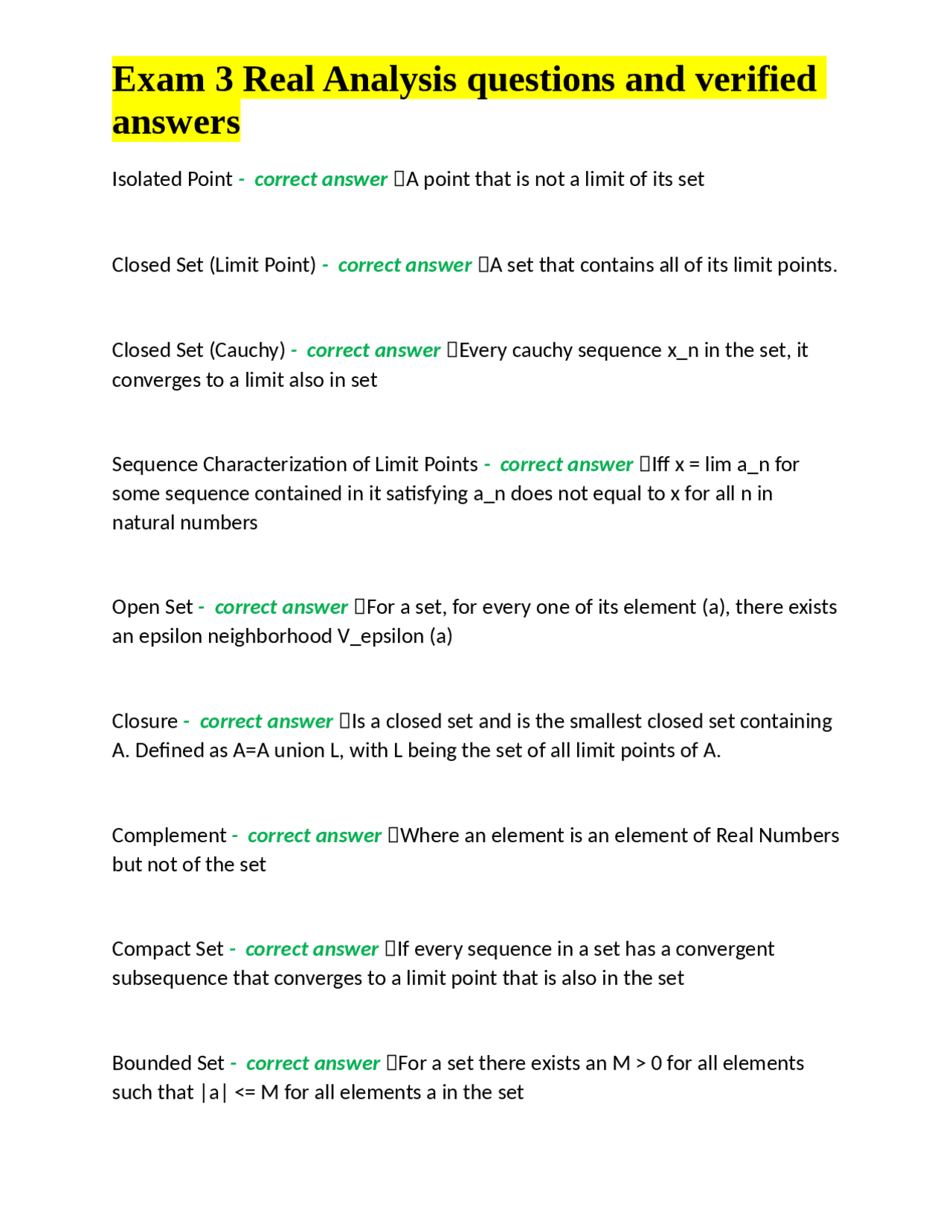 Exam 3 Real Analysis questions and verified answers | Exams Signal Processing and Analysis | Docsity