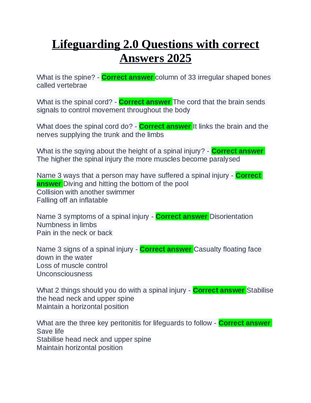 Lifeguarding 2.0 Questions with correct Answers 2025 | Exams Nursing ...