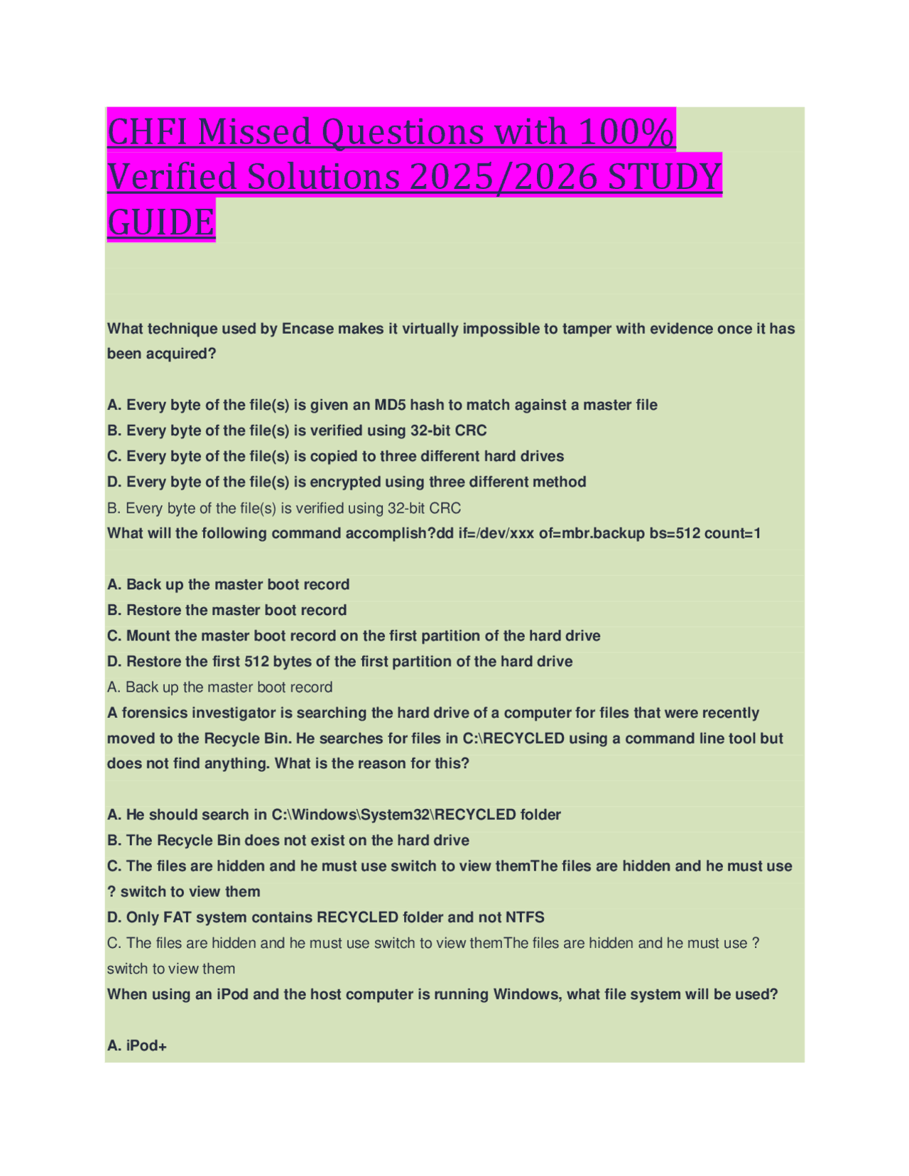 CHFI Missed Questions with 100% Verified Solutions 2025/2026 STUDY ...