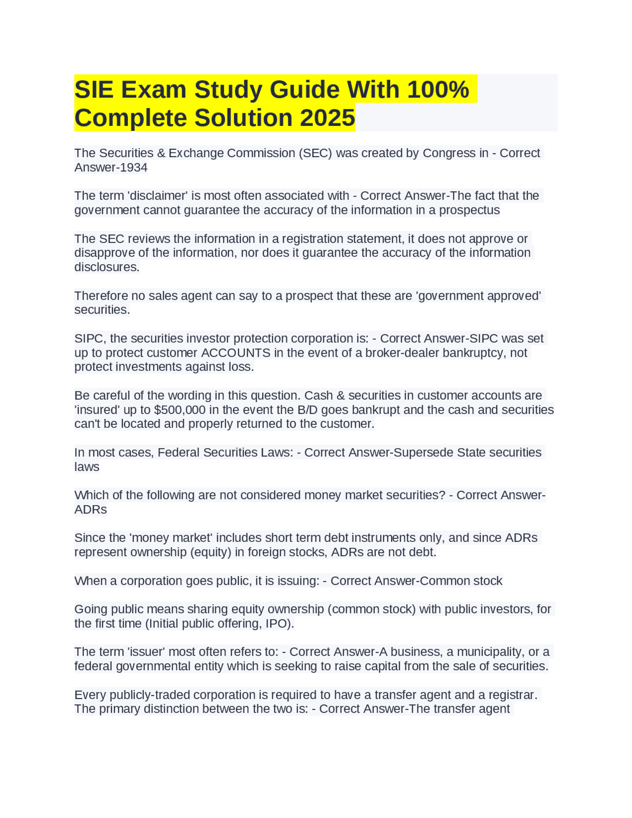 SIE Exam Study Guide 2025: Questions and Answers | Exams Advanced ...