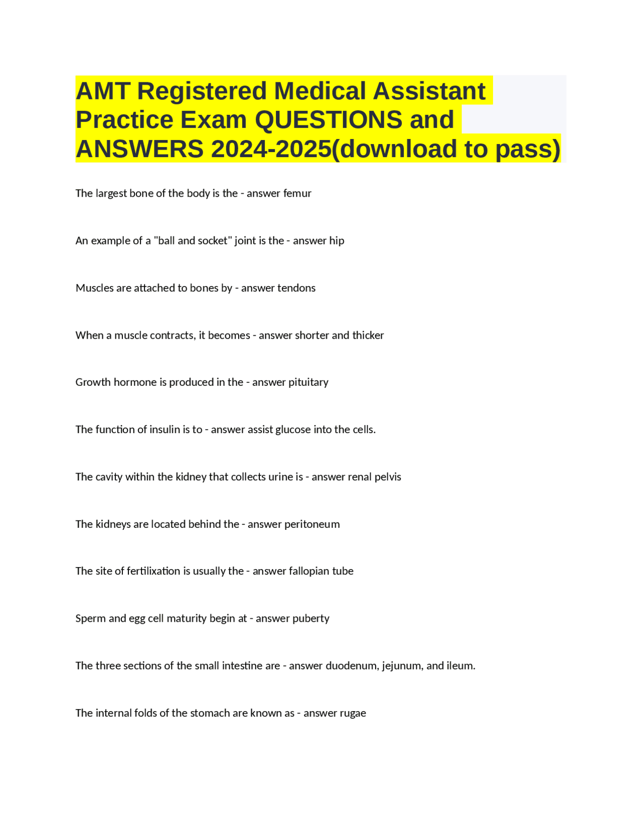 AMT Registered Medical Assistant Practice Exam QUESTIONS and ANSWERS ...