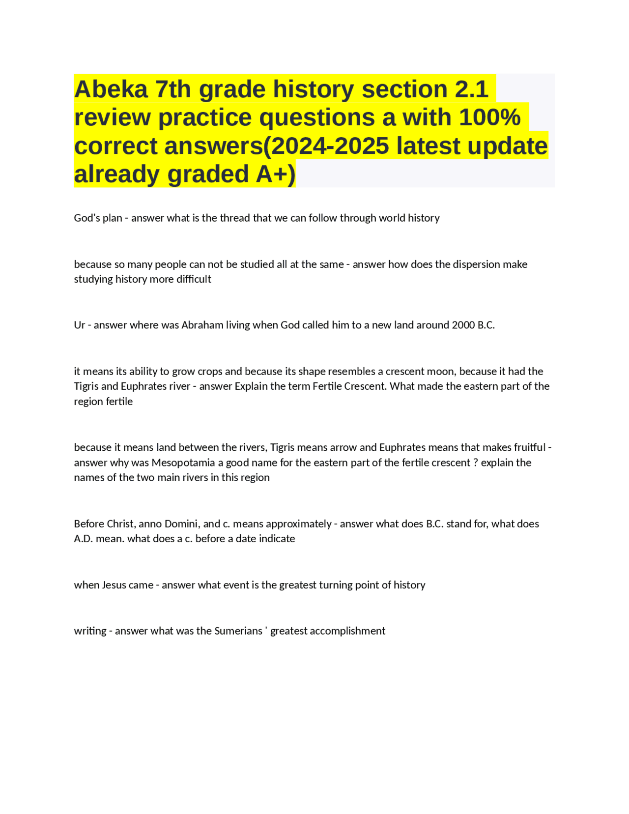 Abeka 7th grade history section 2.1 review practice questions a with ...