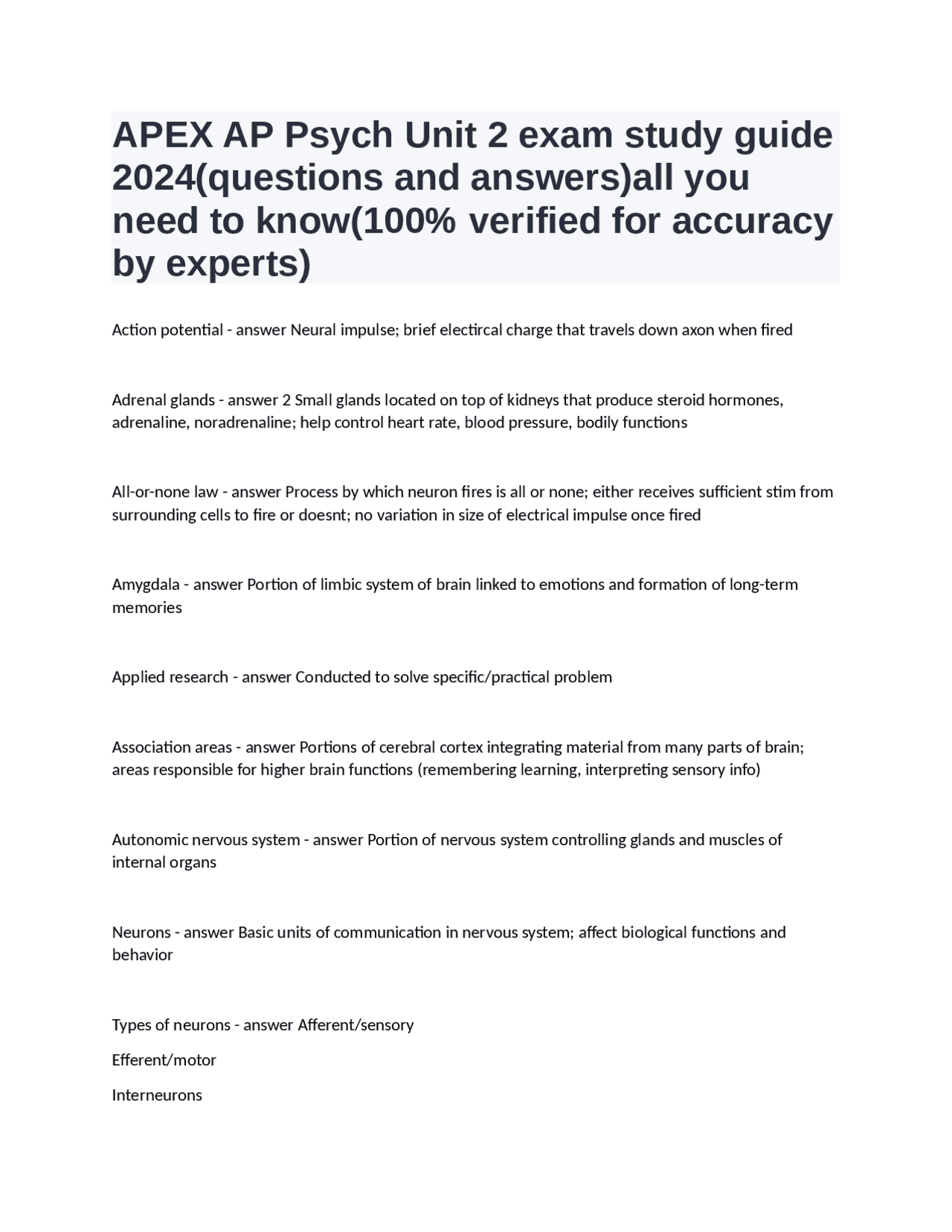 APEX AP Psych Unit 2 exam study guide 2024(questions and answers)all ...