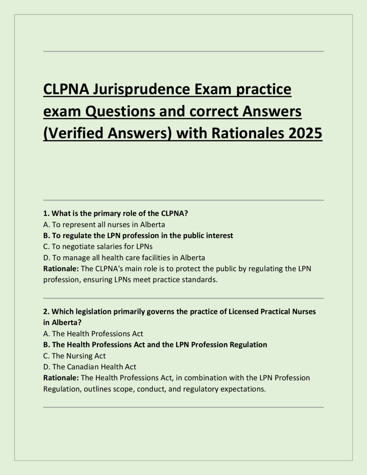 CLPNA Jurisprudence Exam practice exam Questions and correct Answers (Verified Answers) | Exams ...
