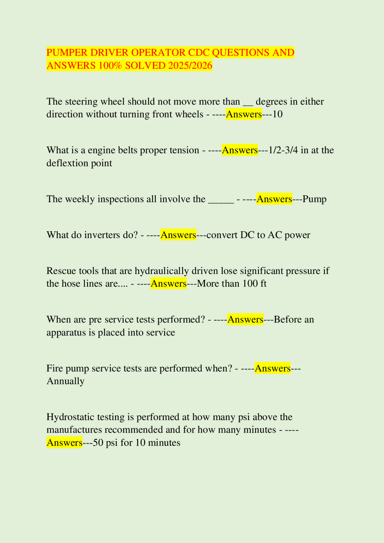 PUMPER DRIVER OPERATOR CDC QUESTIONS AND ANSWERS 100% SOLVED 2025/2026 ...